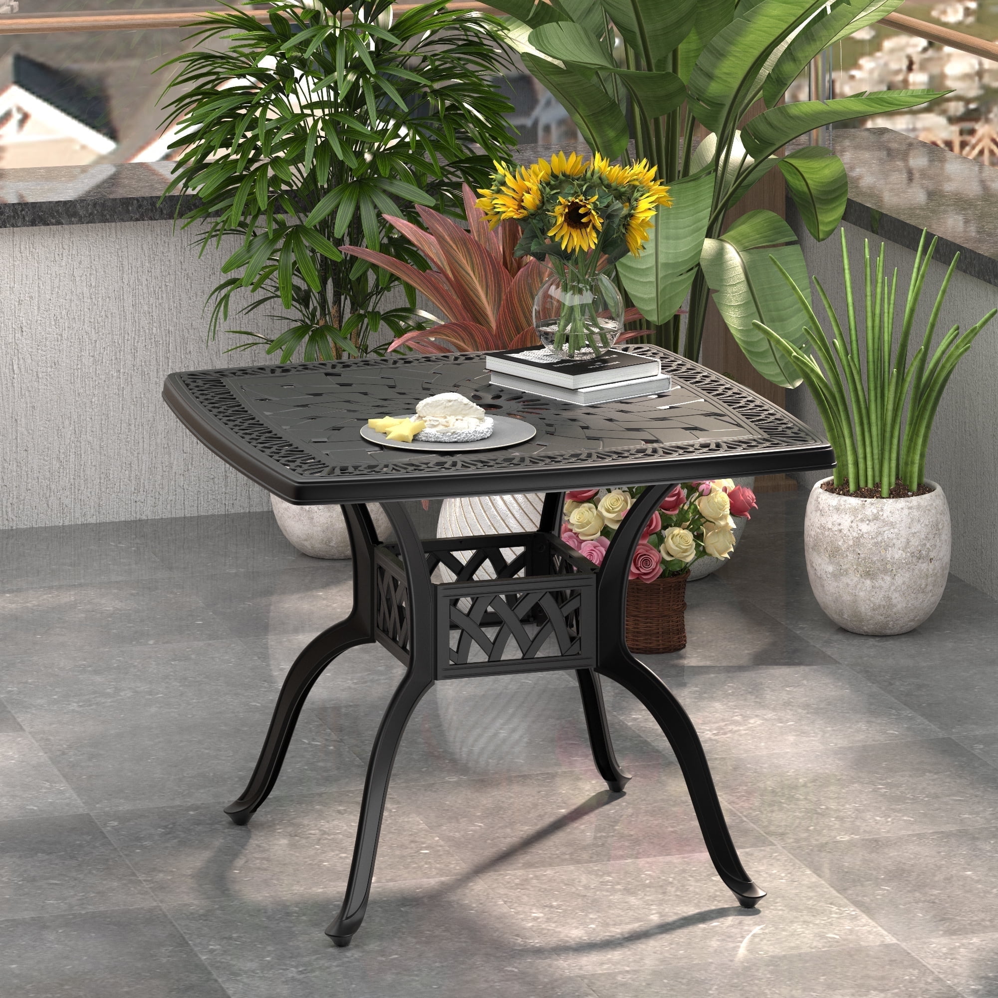 Hzzkey 35.43 In Square Outdoor Aluminum Water-Resistant Bistro Table ...