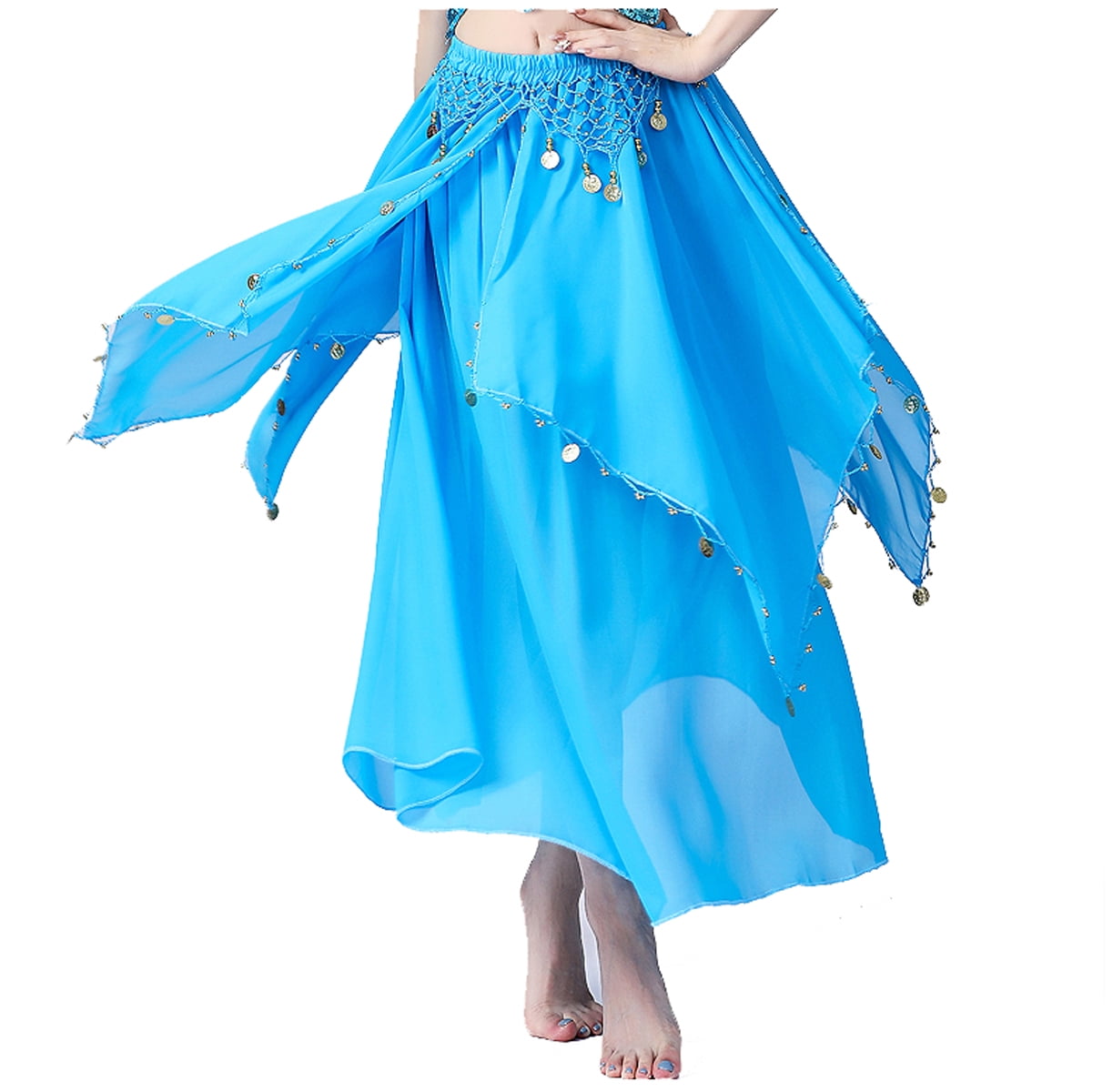35.4in 120D Chiffon Women's Belly Dance Skirt with Coins,Light Blue ...