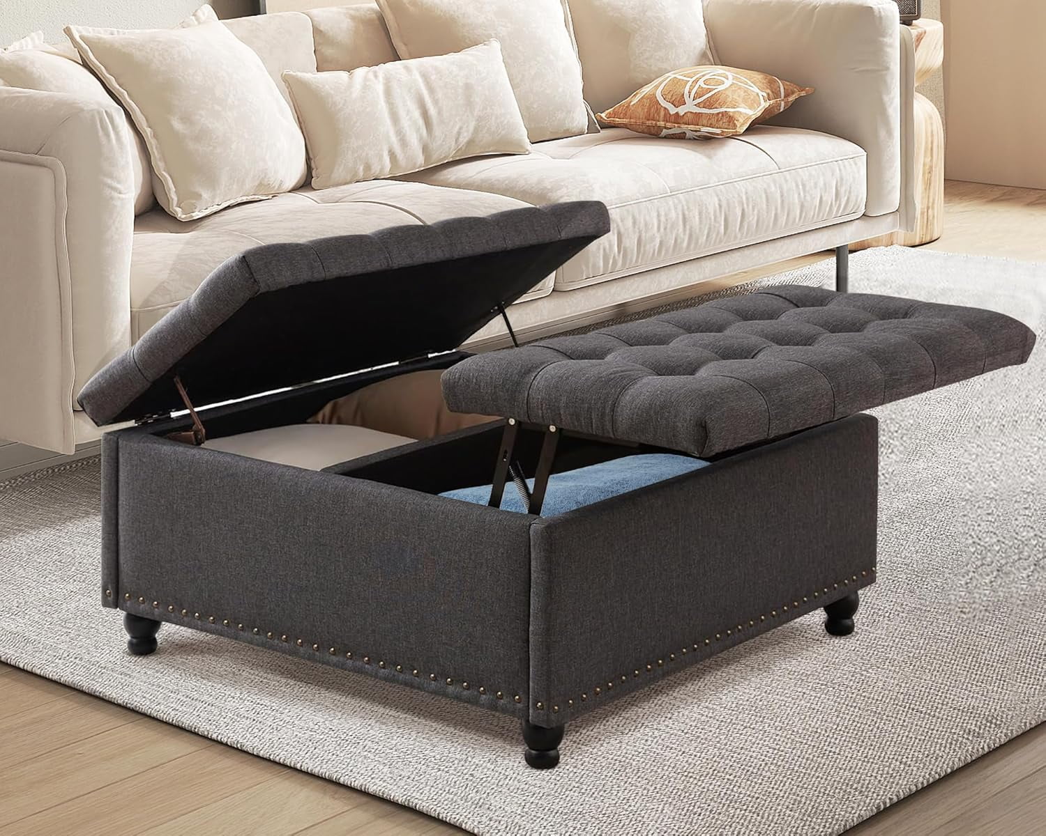 35.5" Large Square Ottoman with Storage, Tufted Upholstered Storage ...