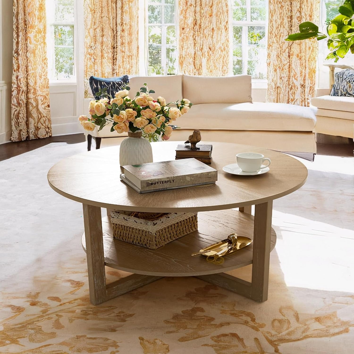 35.5" Modern Round Coffee Table with Storage Shelf, 2-Tier Wood Coffee ...