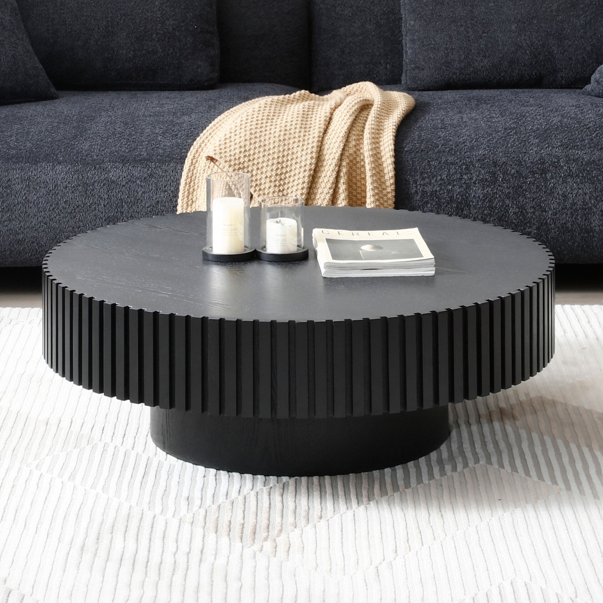 35.5" Round Coffee Table, Modern Drum Fluted Center Table with Solid ...