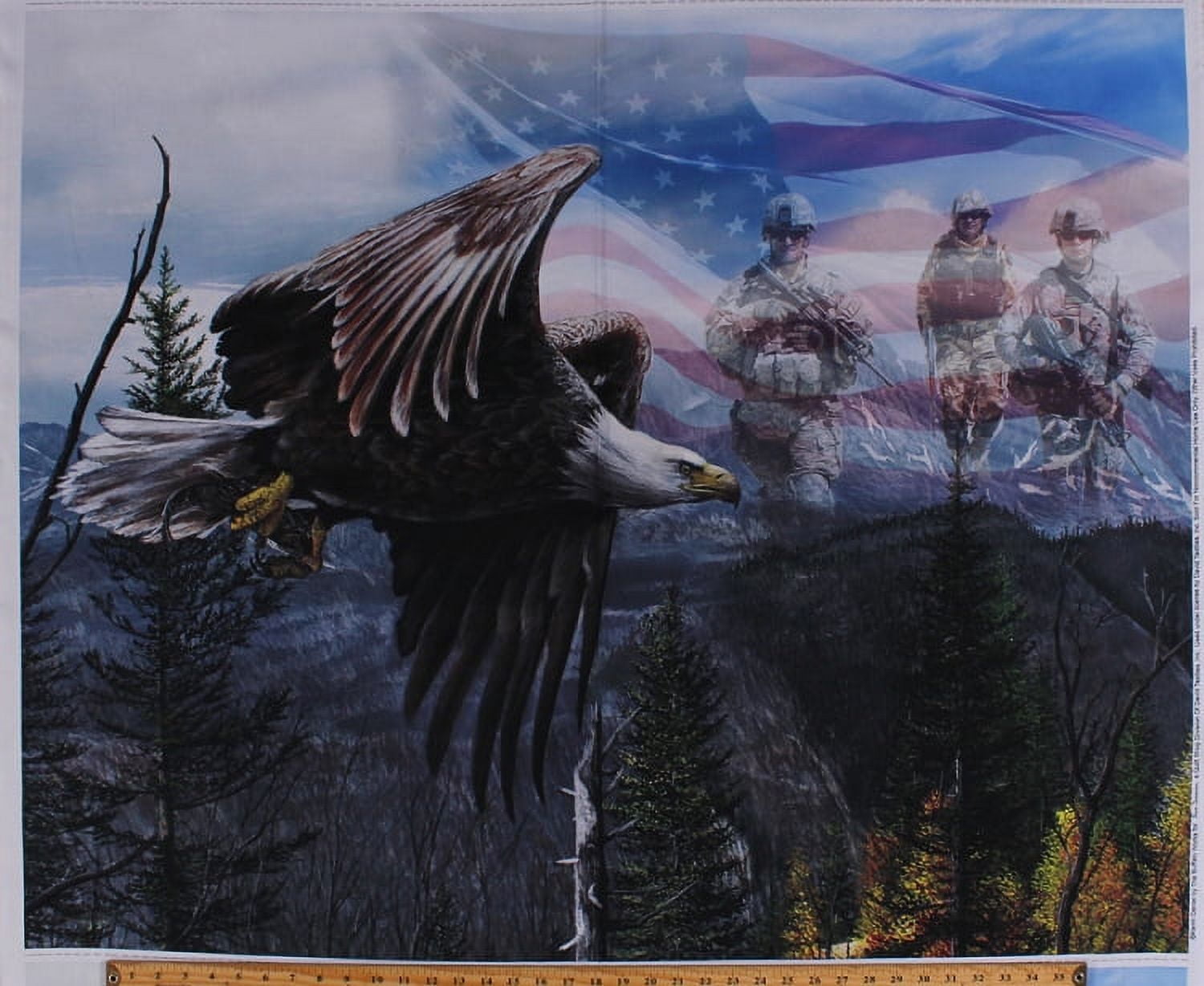 35.5" X 44" Panel Bald Eagle American Flag Mountains Soldiers Army ...