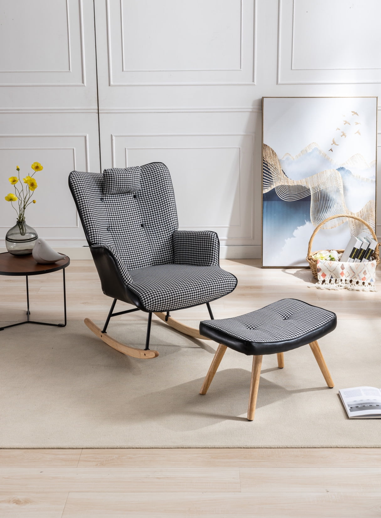 35.5 inch Cotton Linen Rocking Chair with Footstool, Wingback Back ...