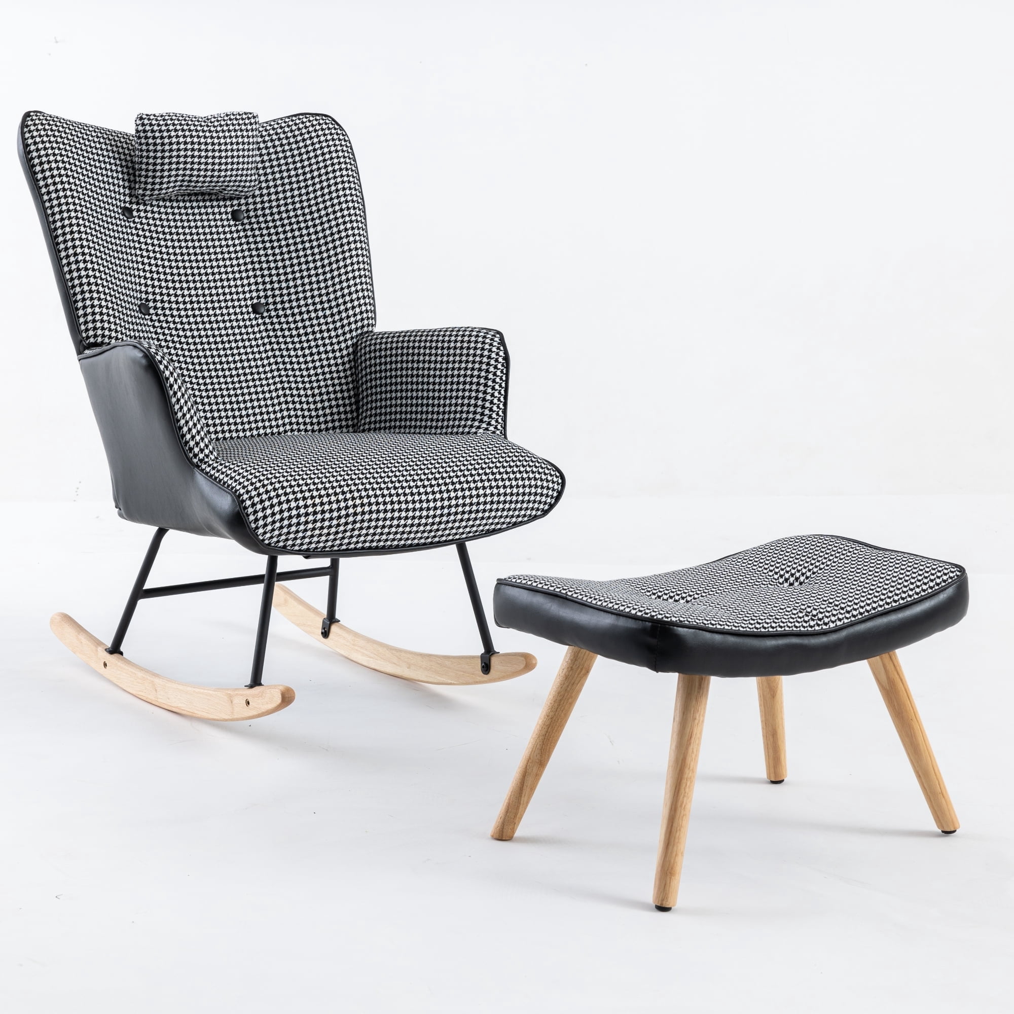 35.5 inch Rocking Chair with Footrest, Soft Houndstooth Fabric Leather ...