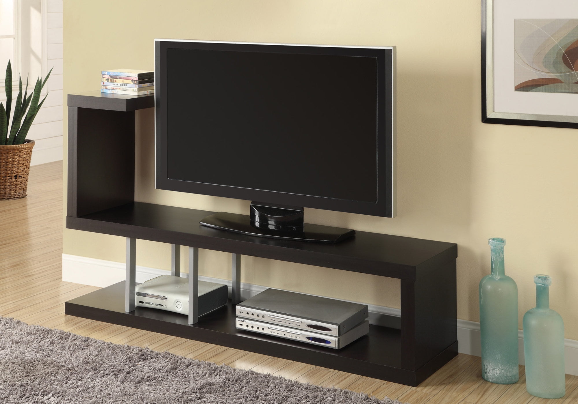 35.25" Cappuccino Particle Board Hollow Core and Silver Metal TV Stand ...