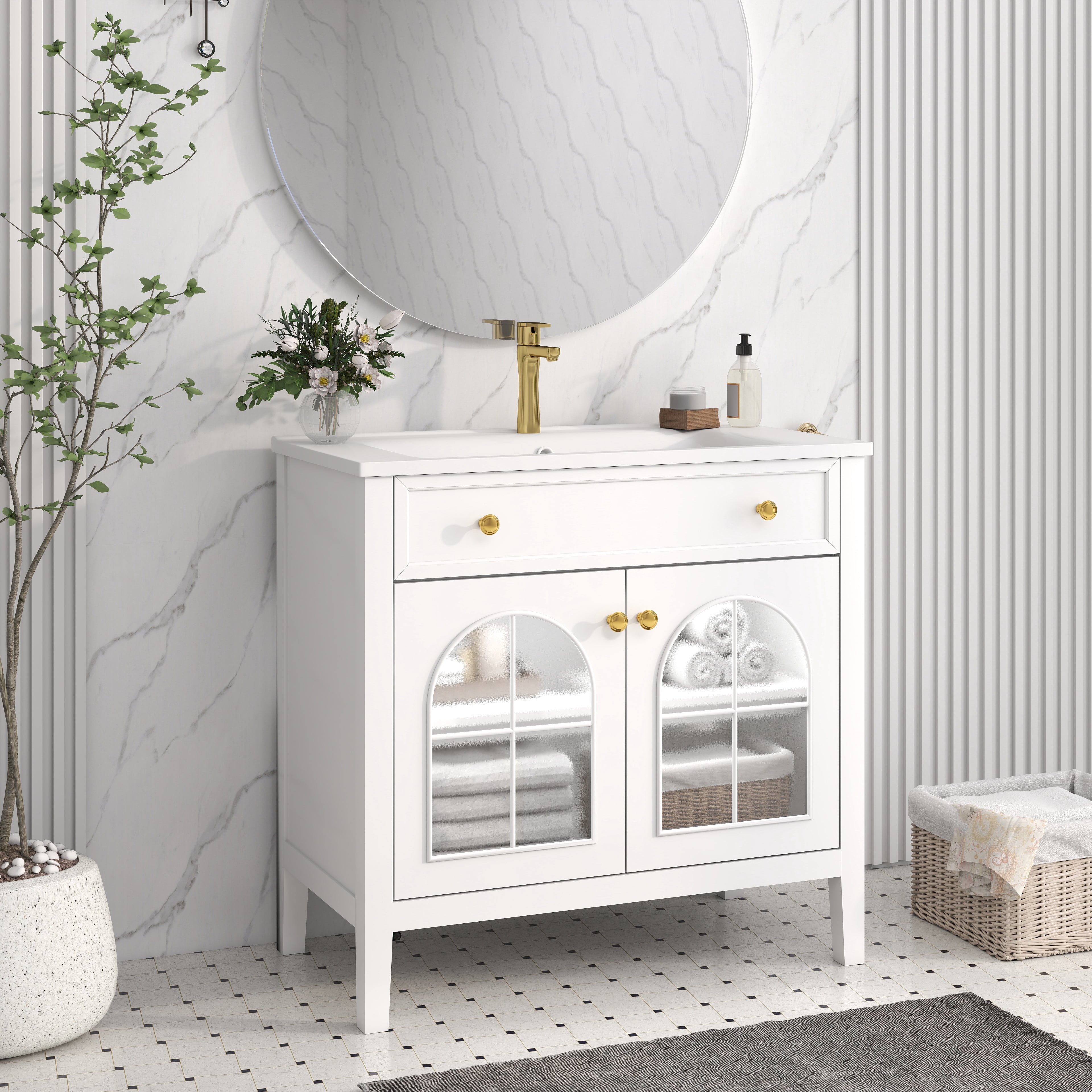 35.6" Mid-Century Bathroom Vanity Sink with Patterned Glass & Motion ...
