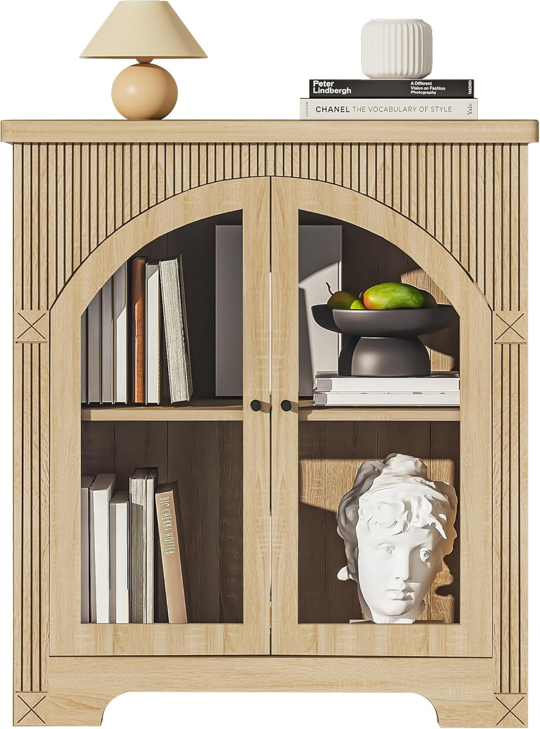 35.6” Short Arched Bookshelf with Acrylic Door,Wooden Fluted Bookcase ...