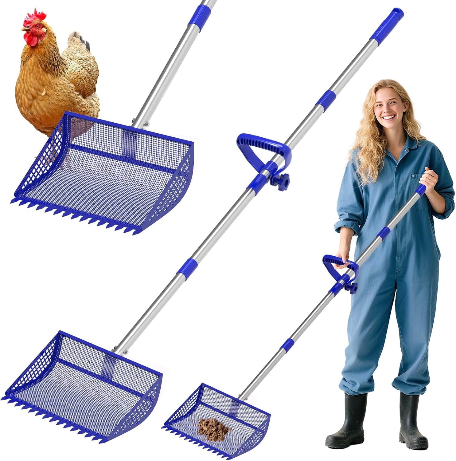 35-65in Adjustable 12 Inch Chicken Poop Scooper - 2-in-1 Rake, Large ...