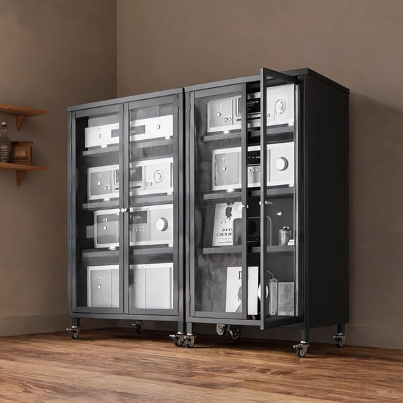 35.8-Inch Media Storage Cabinet, Modern Steel Frame, Adjustable Glass ...