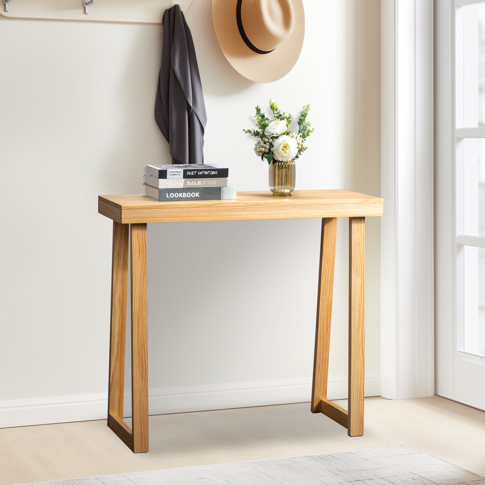 35.8-Inch Solid Wood Console Table - Pine Wood Narrow Entryway Table ...