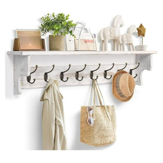 35.8'' Wood Coat Rack Wall Mount with Shelf, White Wall Coat Rack with ...