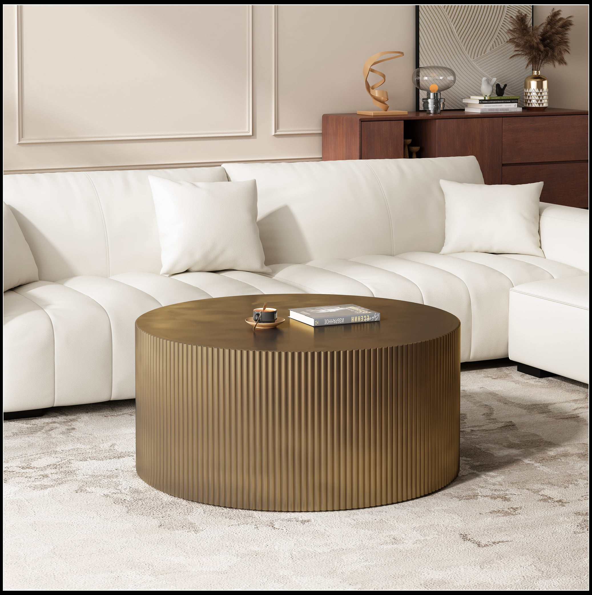 35.83" Minimalist Wave Stripe Coffee Table, Modern Round Coffee Table ...