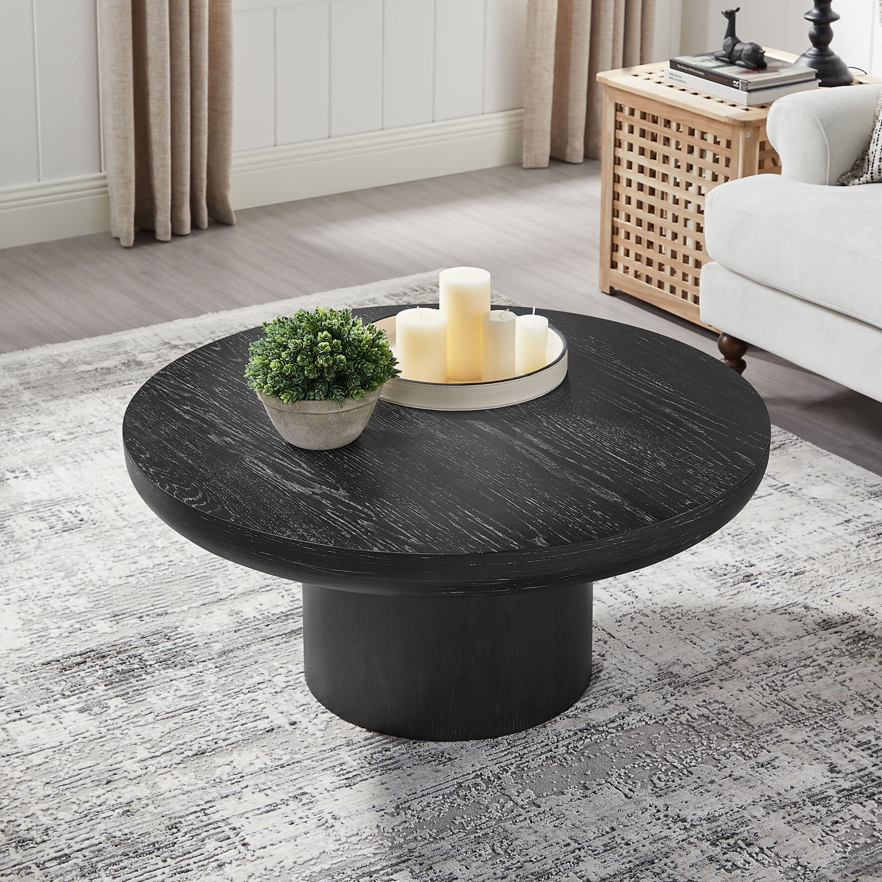 35.98" Round Coffee Table, Solid Wood Center Table Cylindrical Leg ...