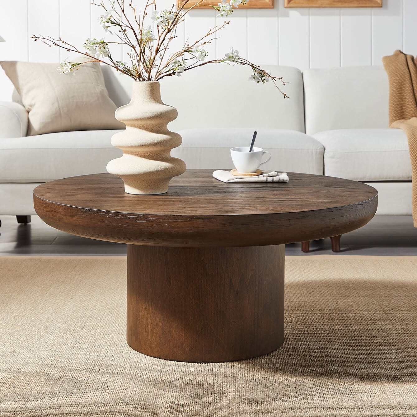 35.98 inch Round Coffee Table with Cylindrical Leg, Wood Veneer ...