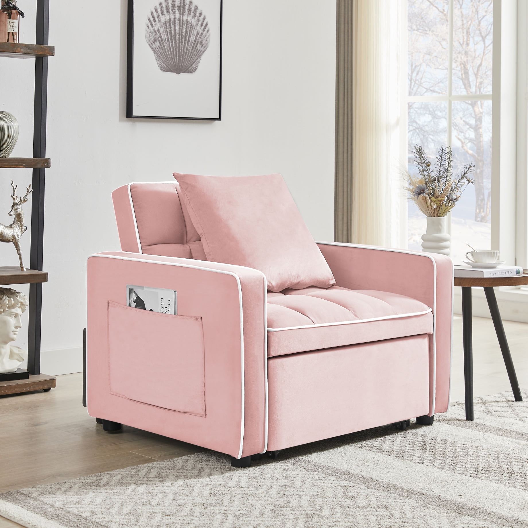 35" Convertible Sofa Chair, 3-in-1 Pull Out Sleeper Chair with Side ...