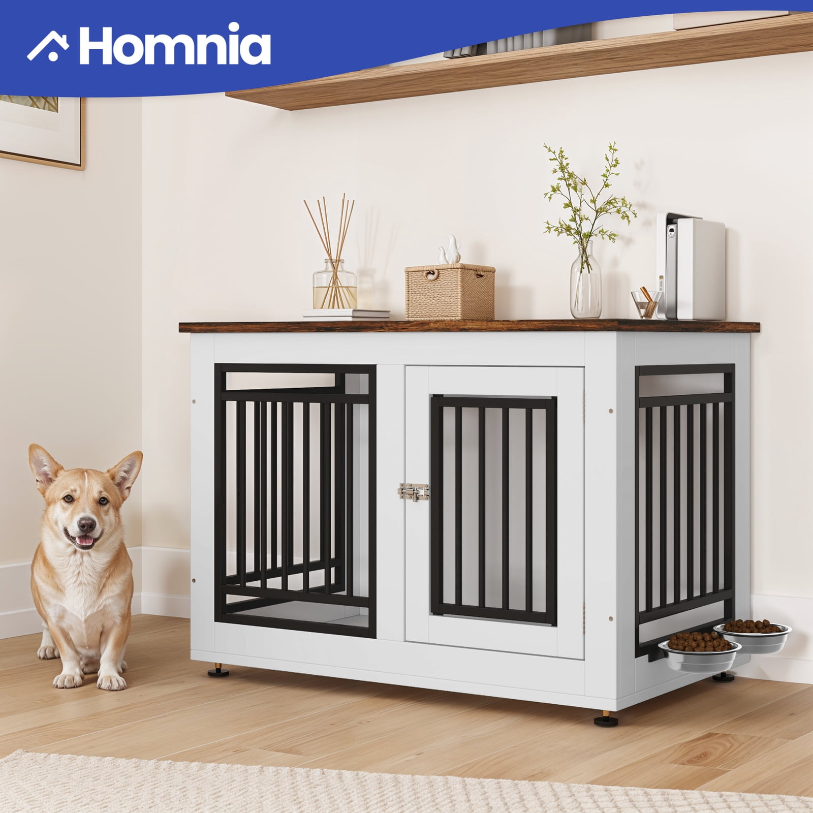 35" Dog Crate Wood Pet Kennel Steel Bowl Single Door Cage Iron Frame ...