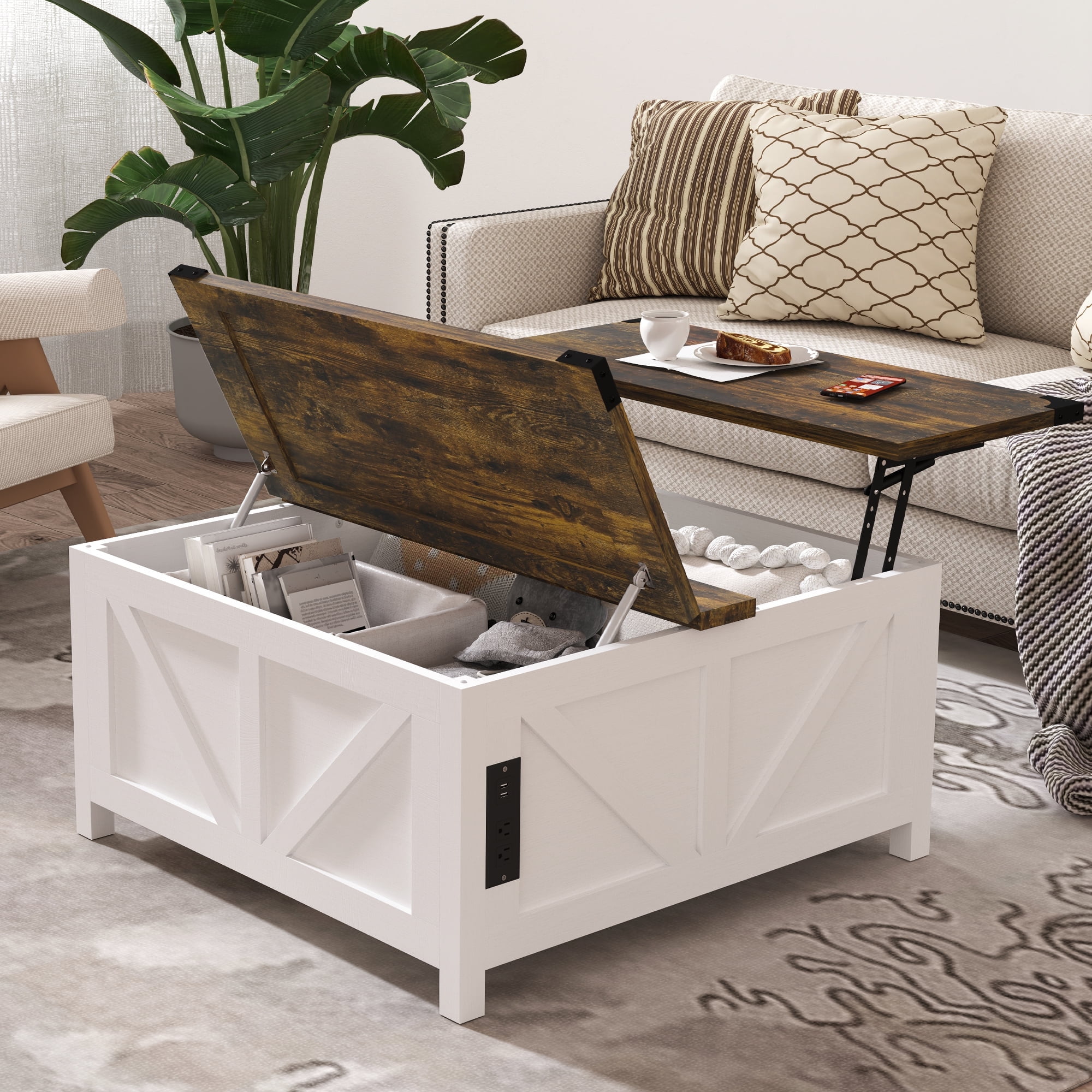 35" Farmhouse Lift-Top Coffee Table with Hidden Storage, USB Charging ...