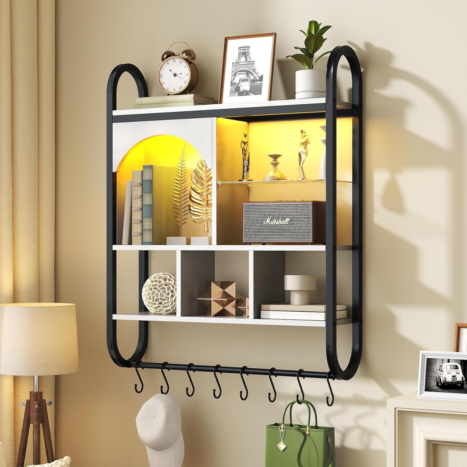 35'' Floating Shelves with LED Lights, 4 Tiers Decor Display Shelf with ...