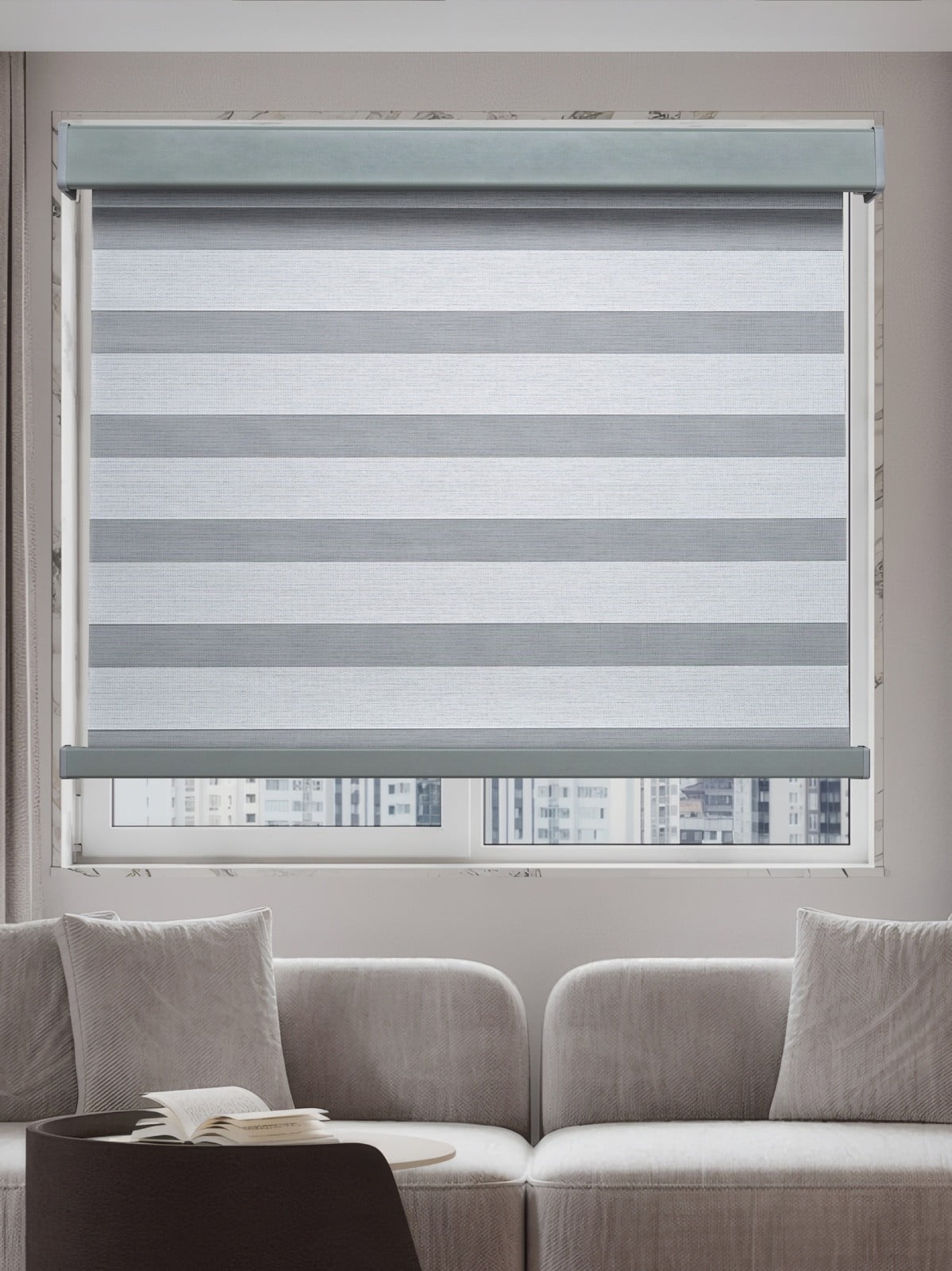 35" Gray Cordless Window Zebra blinds with Dual Layer Jacquard Material ...