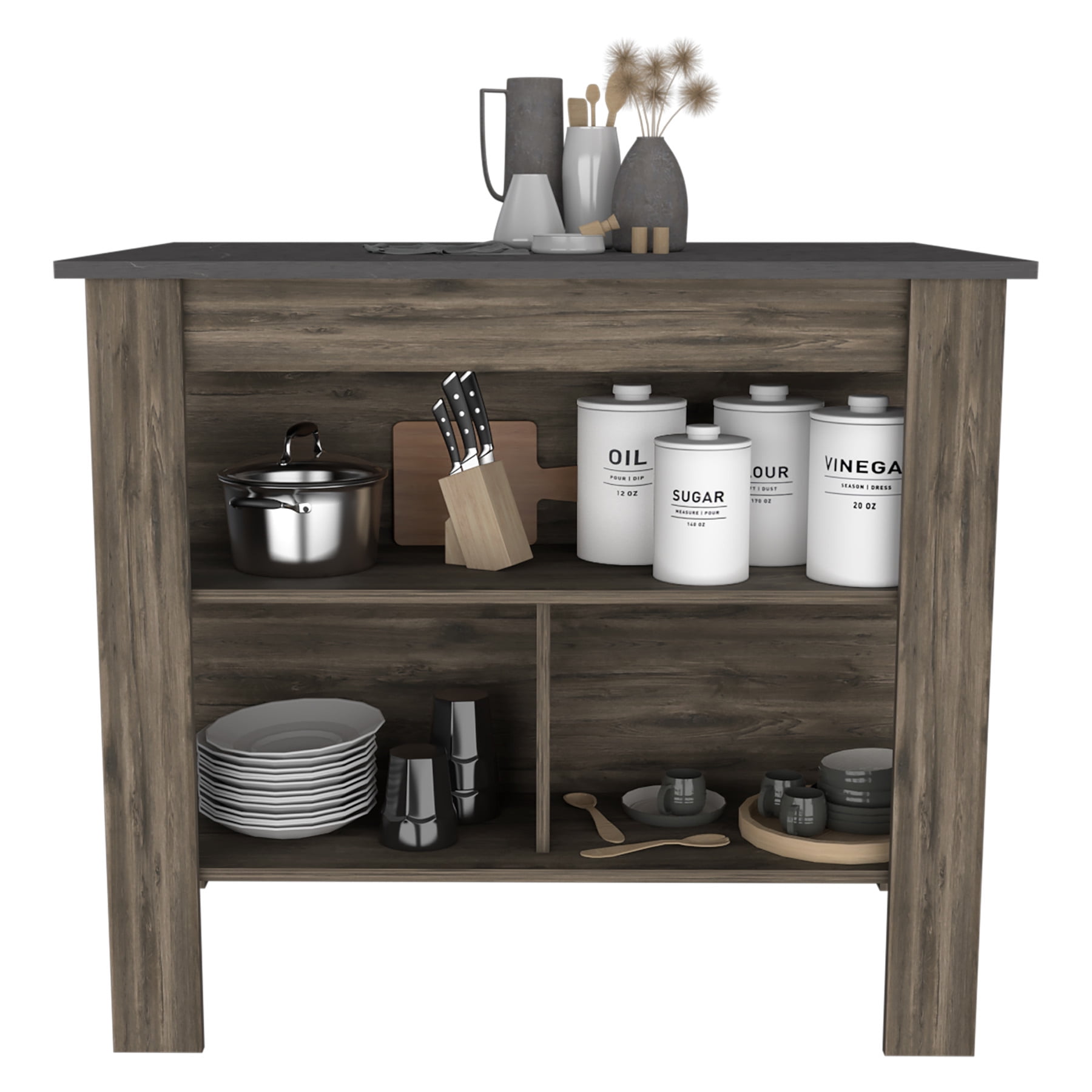 35" H Kitchen Island, Kitchen Shelf Kitchen Bar Table with 3 Open ...