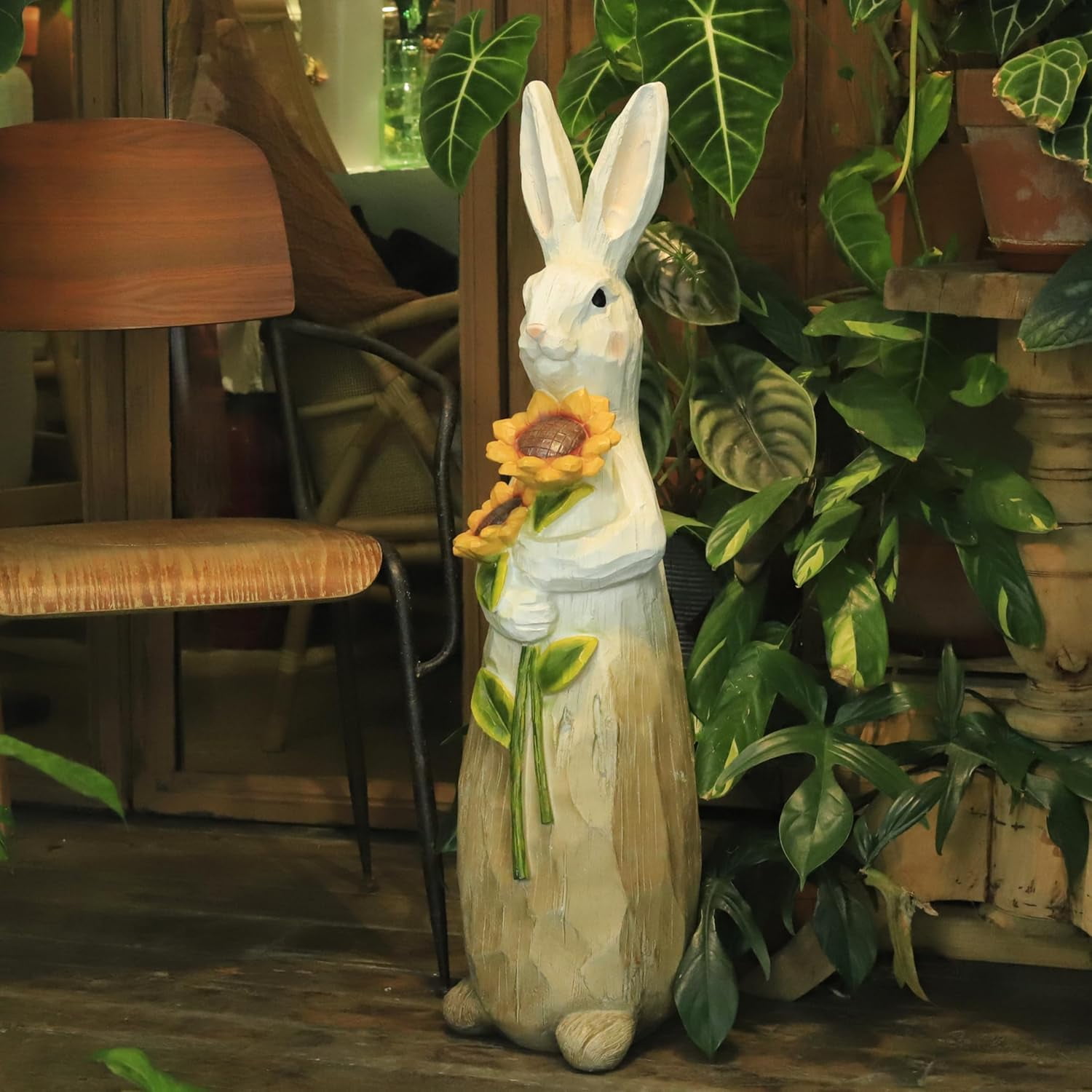 35"H Resin Large Rabbit Statue Bunny with Sunflowers Sculpture Outdoor ...