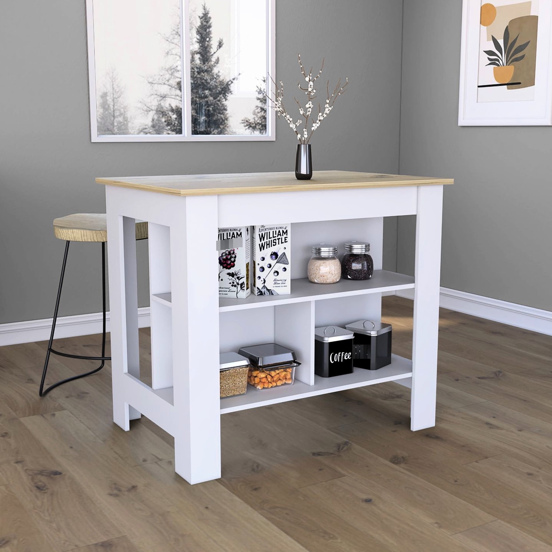 35" High Kitchen Island Table, Three Storage Spaces For Utensils, White ...