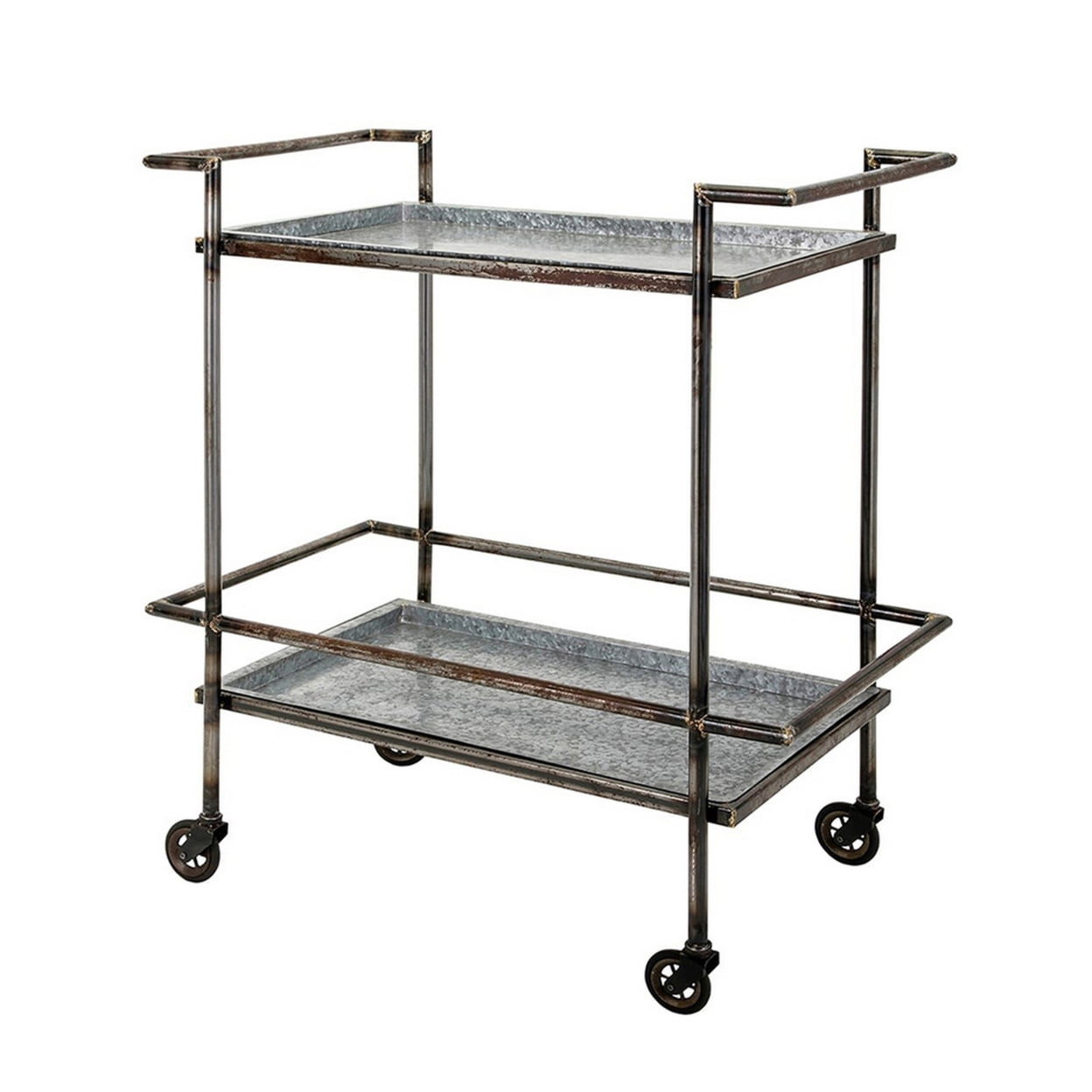 35 Inch 2 Tier Bar Cart, Industrial Style, Caster Wheels, Rustic Bronze ...