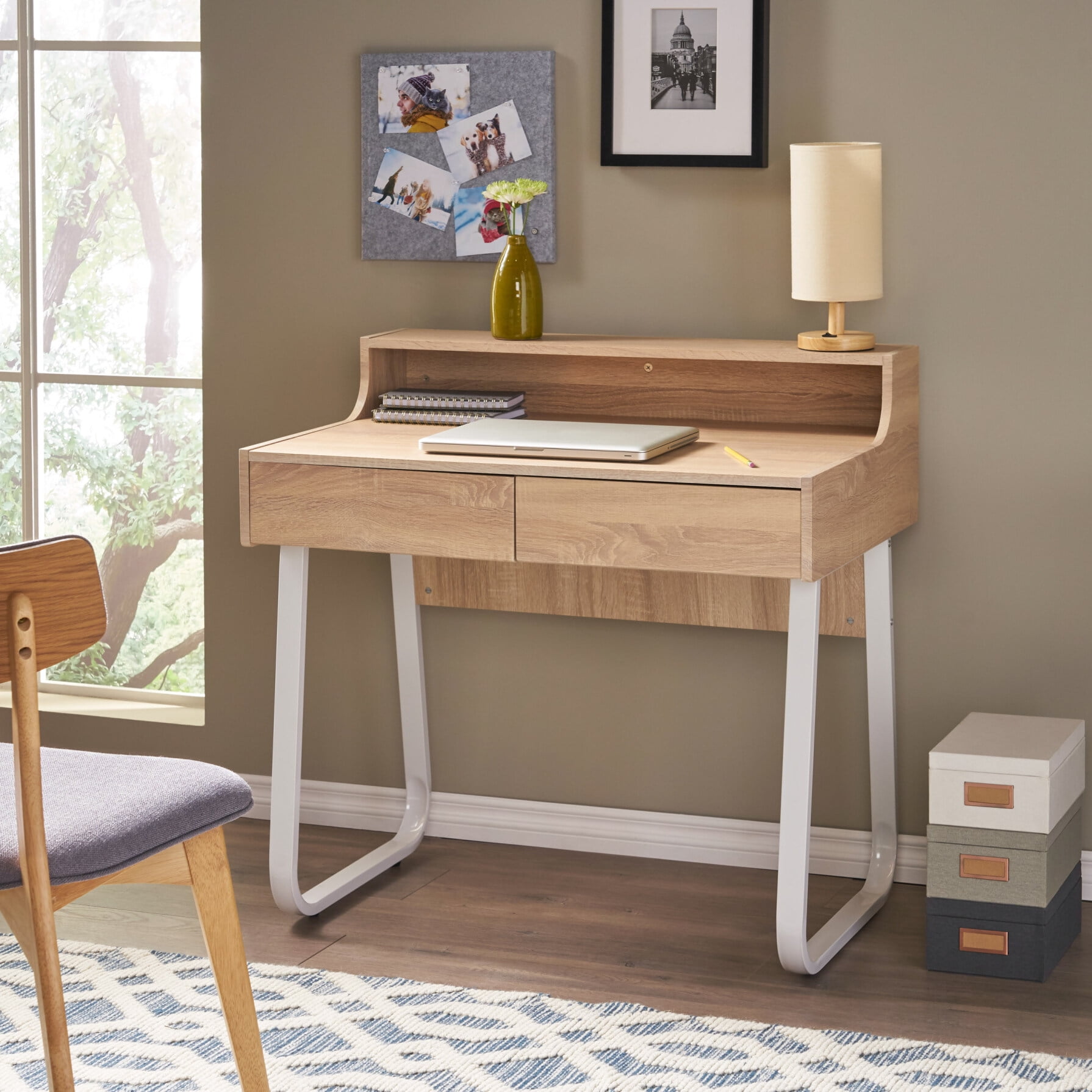 35 Inch Computer Desk for Living Room with Two Storage Drawers, Wooden ...