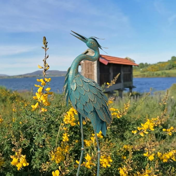 35 Inch Crane Statue for Outdoor, Metal Heron Garden Statue Bird Yard ...