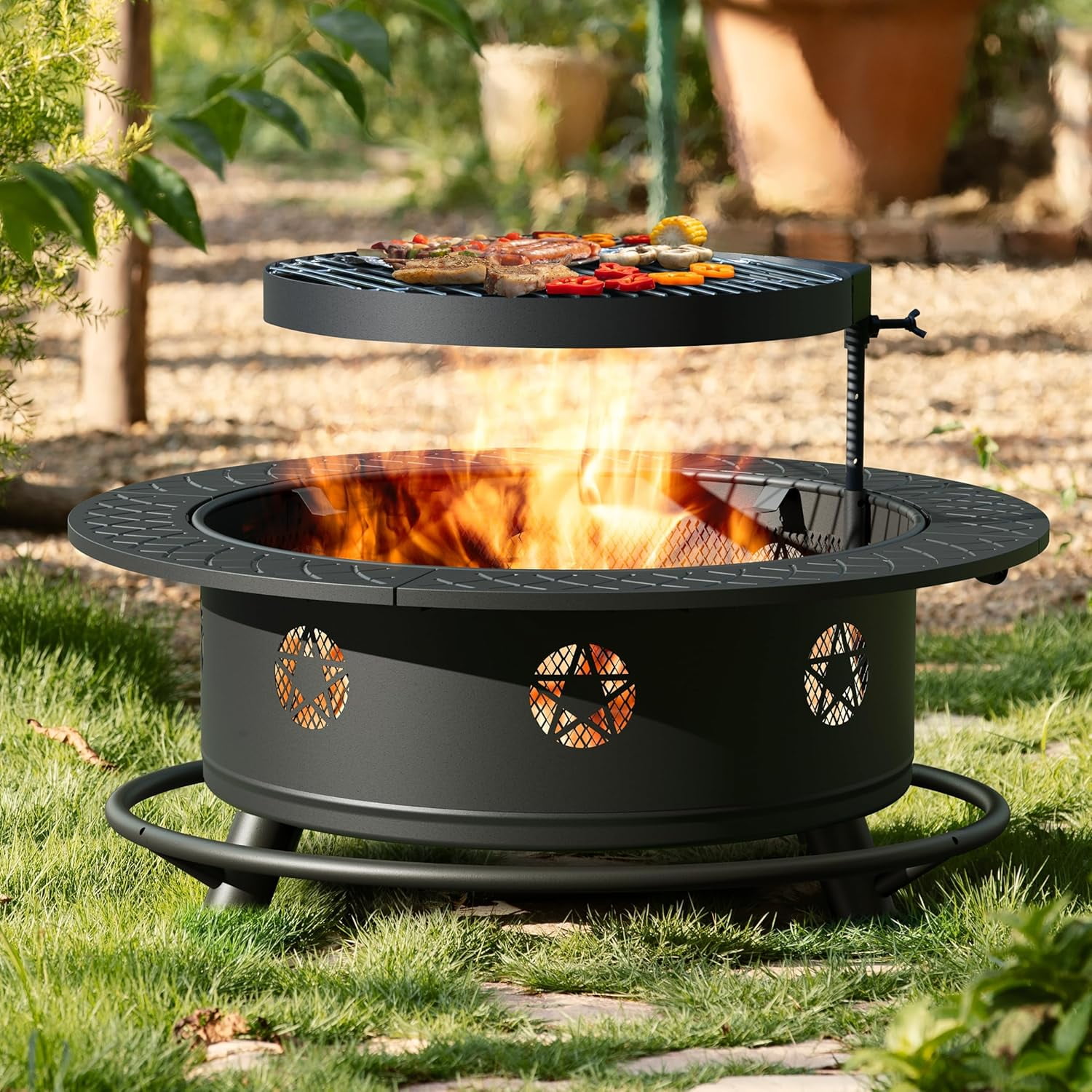 35 Inch Fire Pit with BBQ Grill, Wood Burning Fire Pits for Outside ...