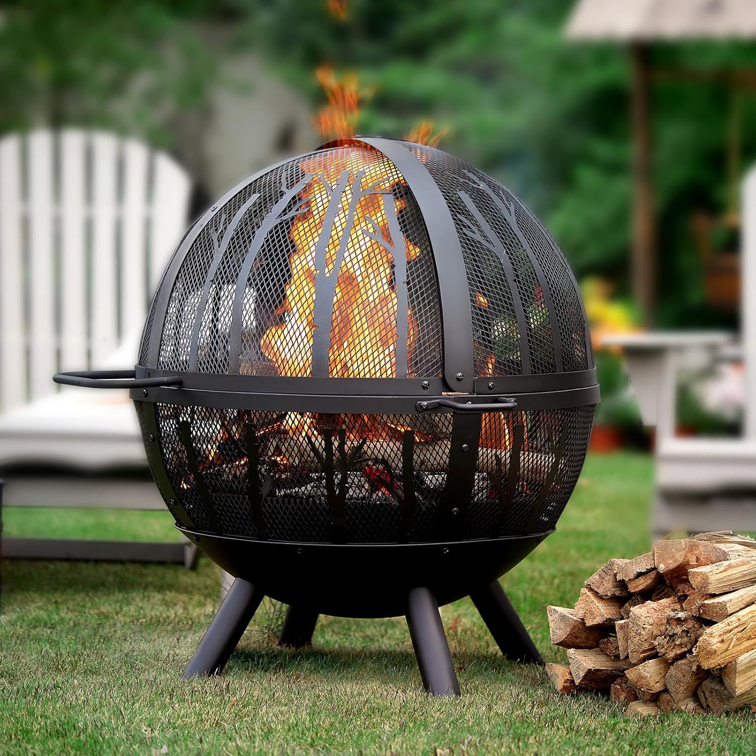 35 Inch Fire Pit Sphere, Outdoor Wood Burning Flaming Ball FirePit with ...