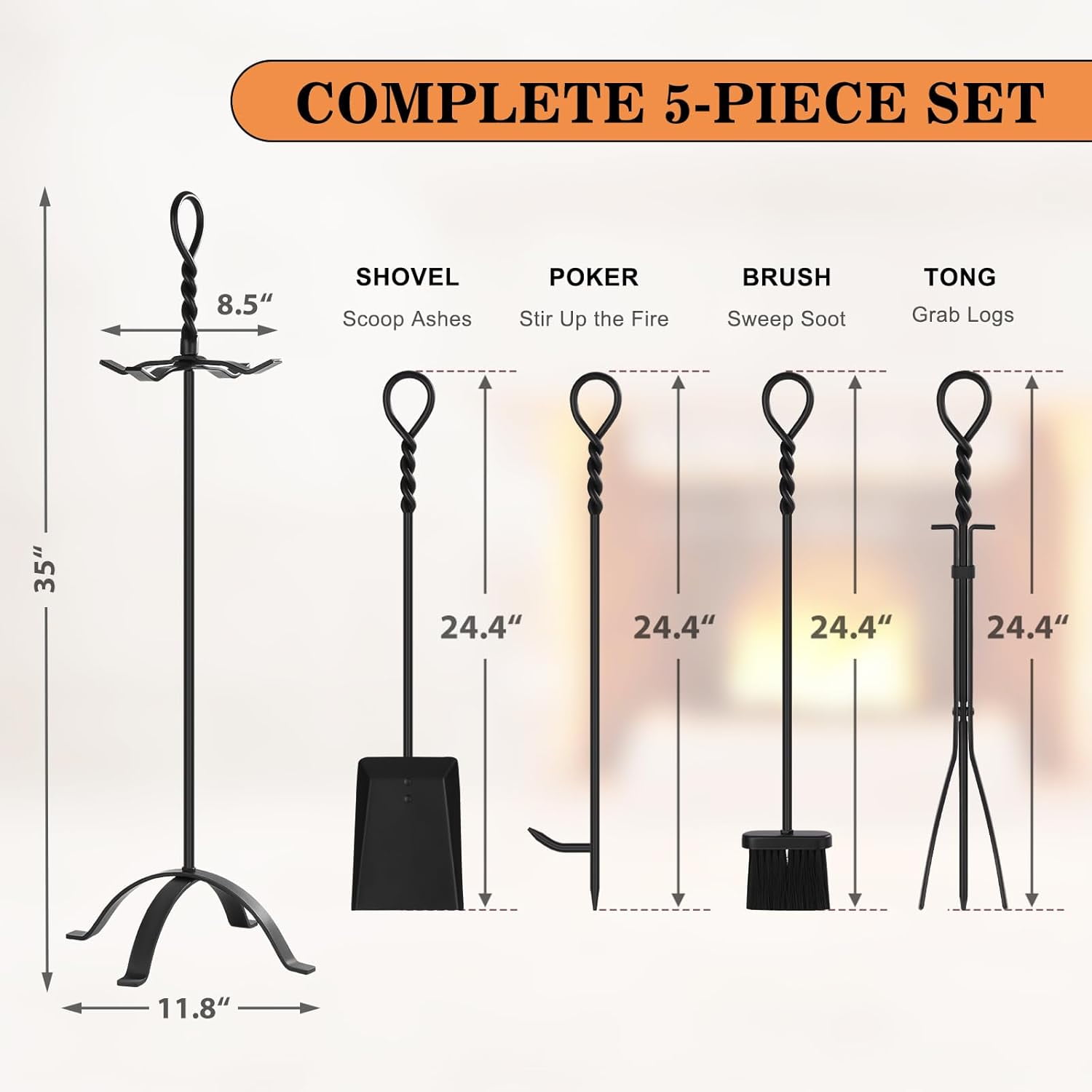 35 Inch Fireplace Tools Set 5 Pcs Black Wrought Solid Iron Large Fire ...