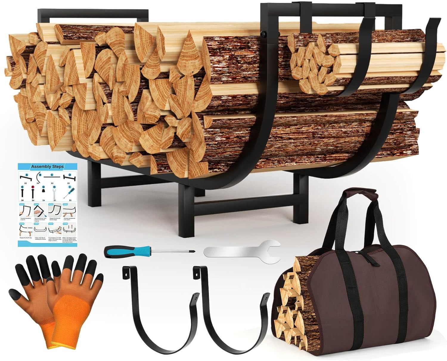 35 Inch Firewood Rack Indoor Outdoor with Firewood Carrier, Metal Small ...