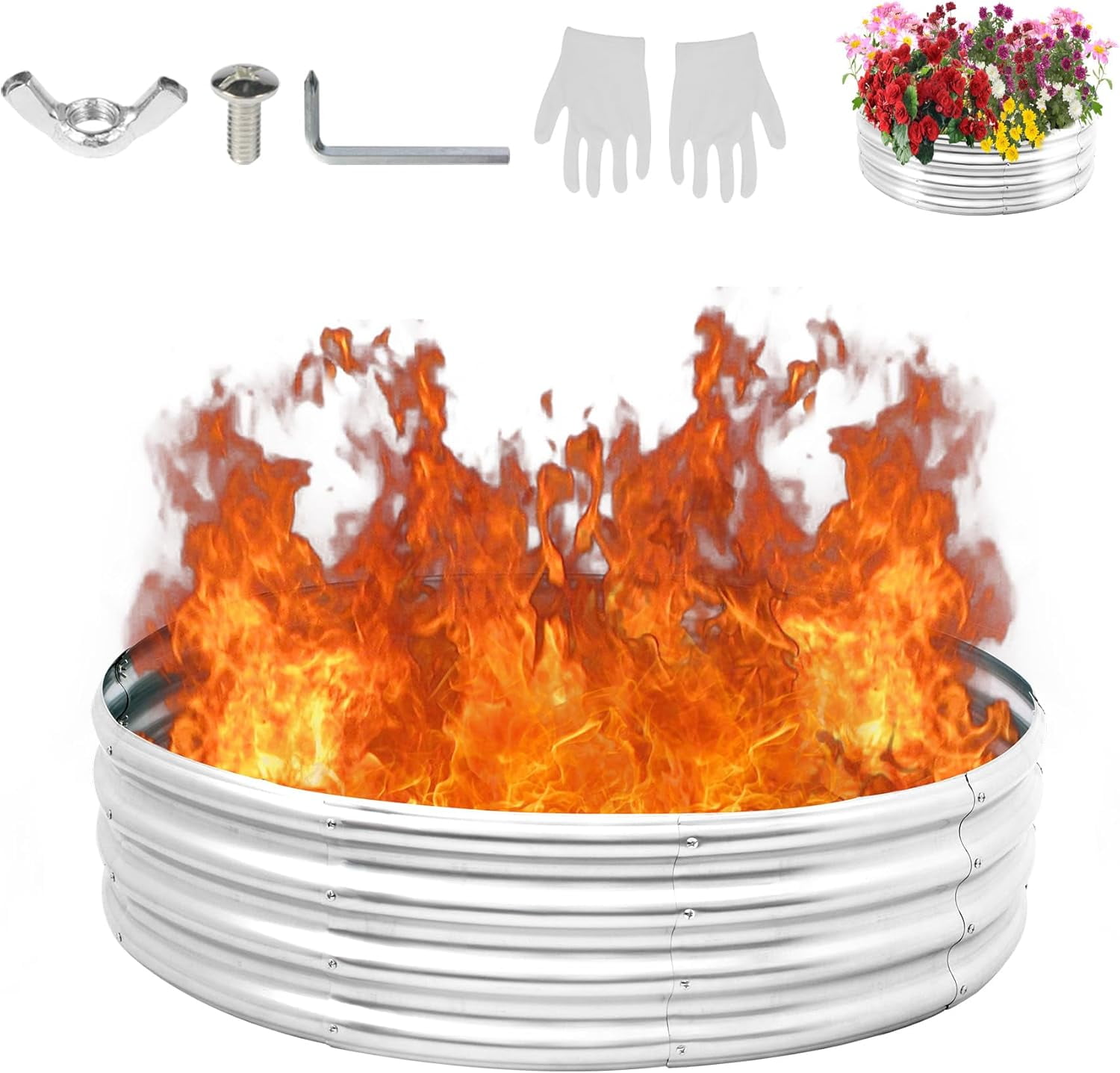 35 Inch Galvanized Fire Pit Ring, Metal Fire Pit for Camping, Steel ...