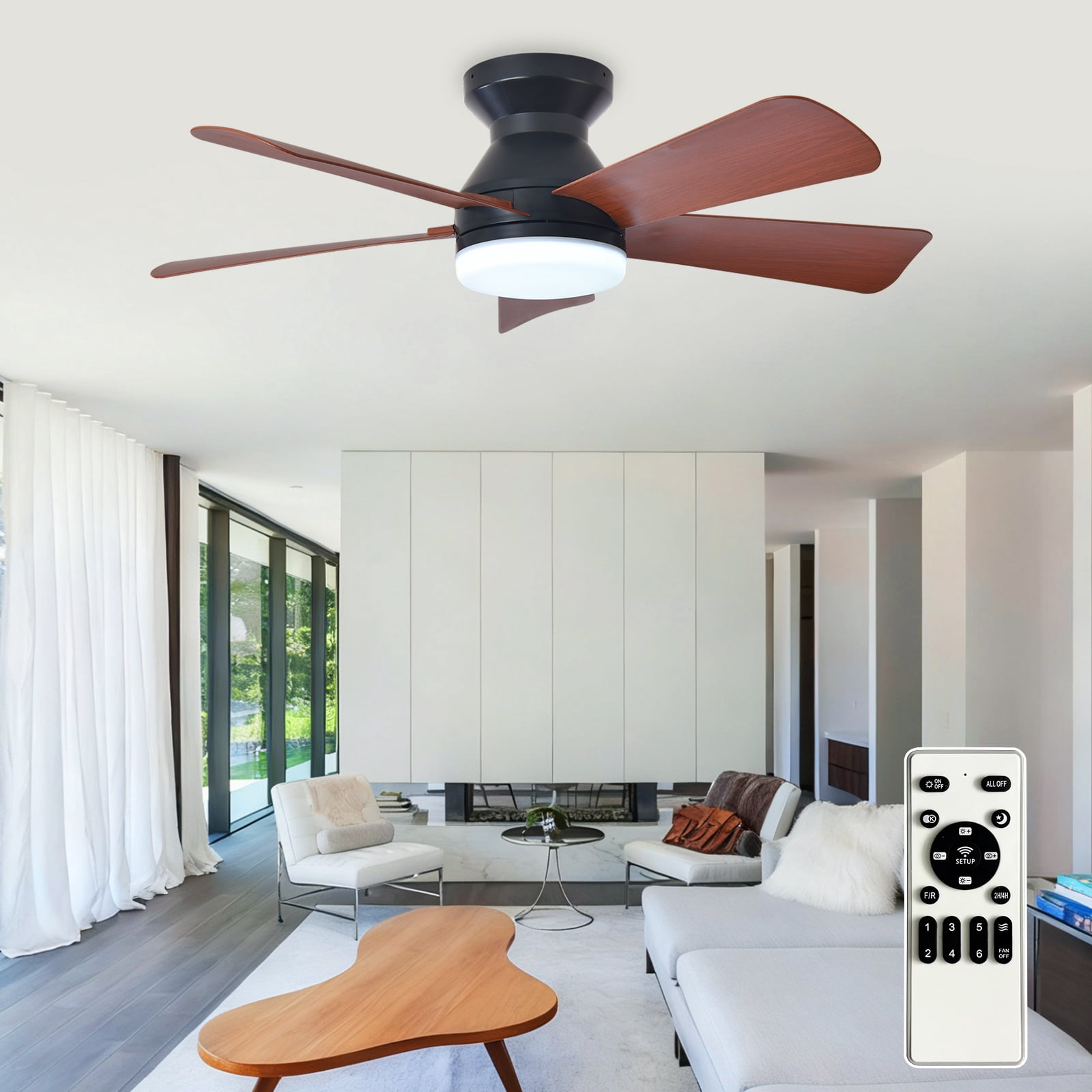 35-Inch Low Profile Ceiling Fan with Light - Dimmable LED, 6-Speed and ...