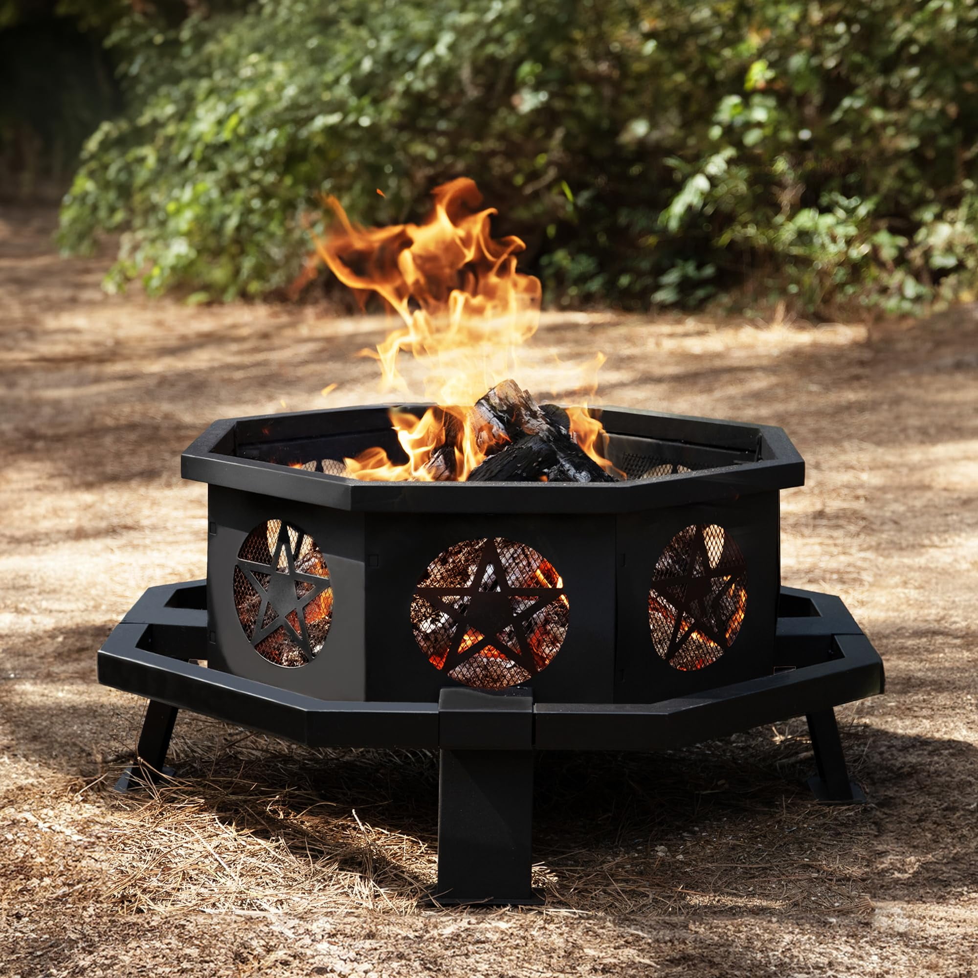 35 Inch Octagonal Fire Pit with Grill for Outdoor Cooking, Heavy Duty ...