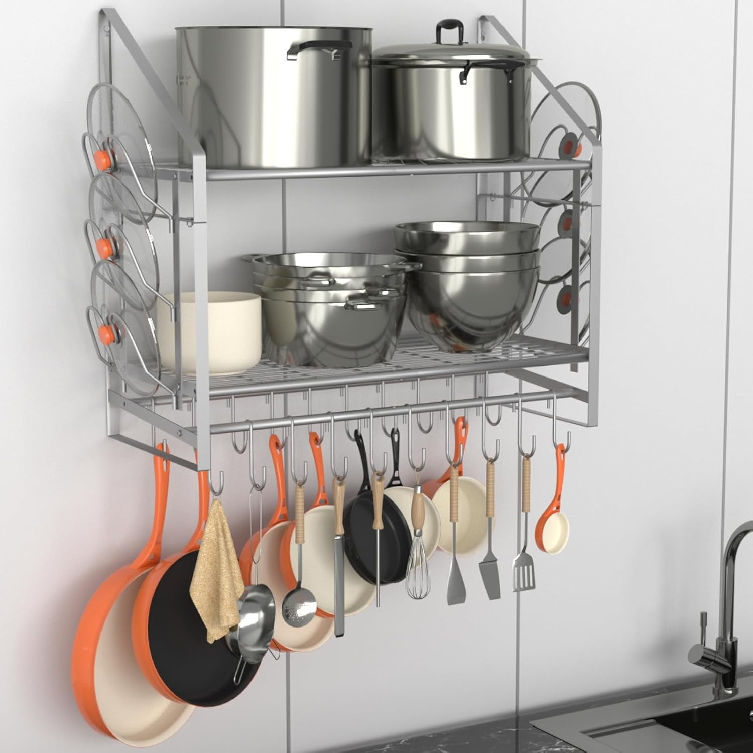 35 Inch Pot Rack Wall Mounted, 2 Tier Pots and Pans Organizer with 20 ...
