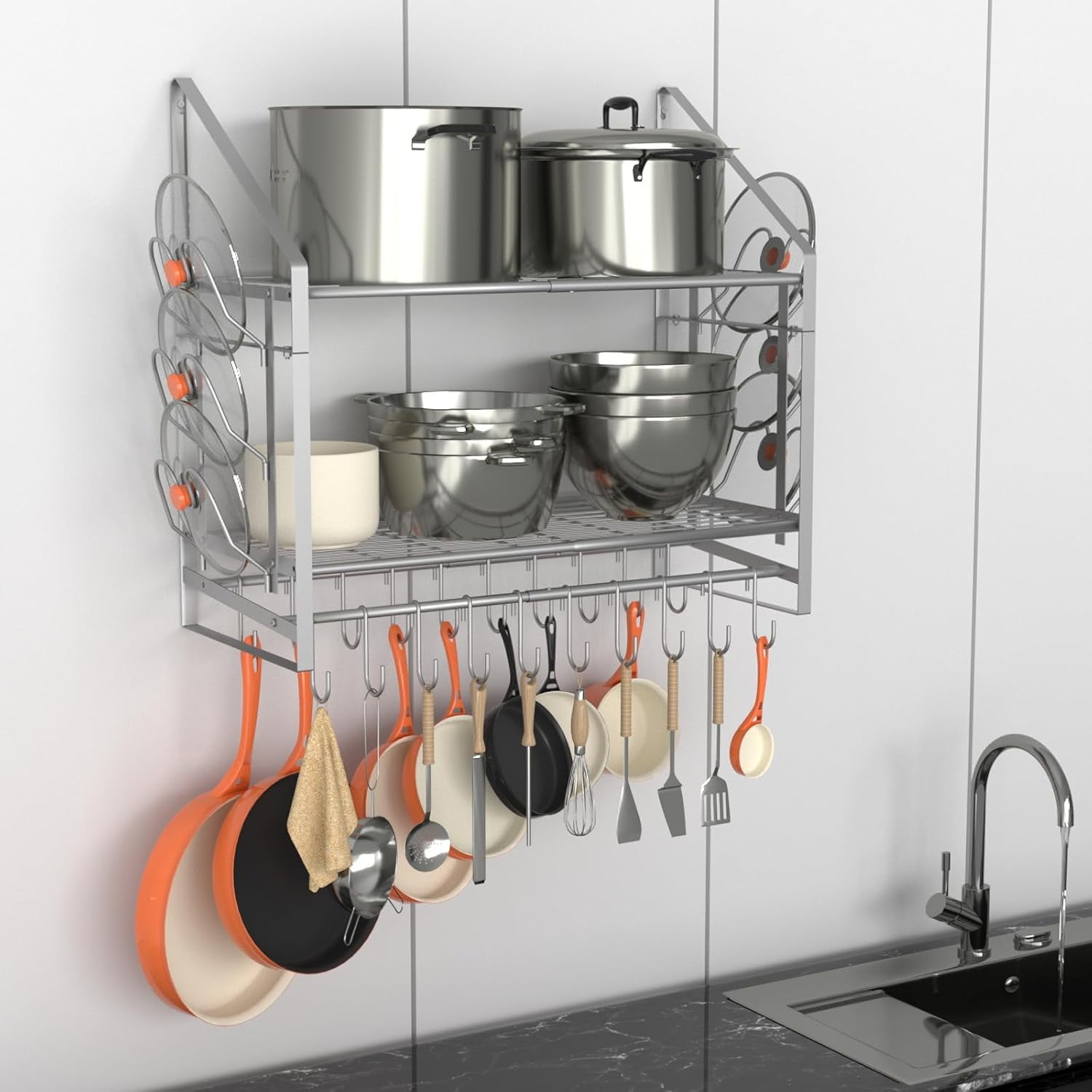 35 Inch Pot Rack Wall Mounted, 2 Tier Pots and Pans Organizer with 20 ...