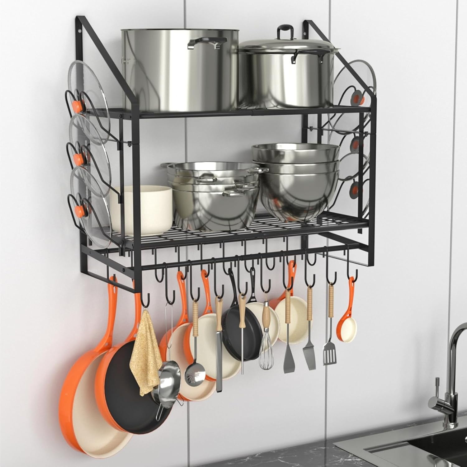 35 Inch Pot Rack Wall Mounted, 2 Tier Pots and Pans Organizer with 20 ...