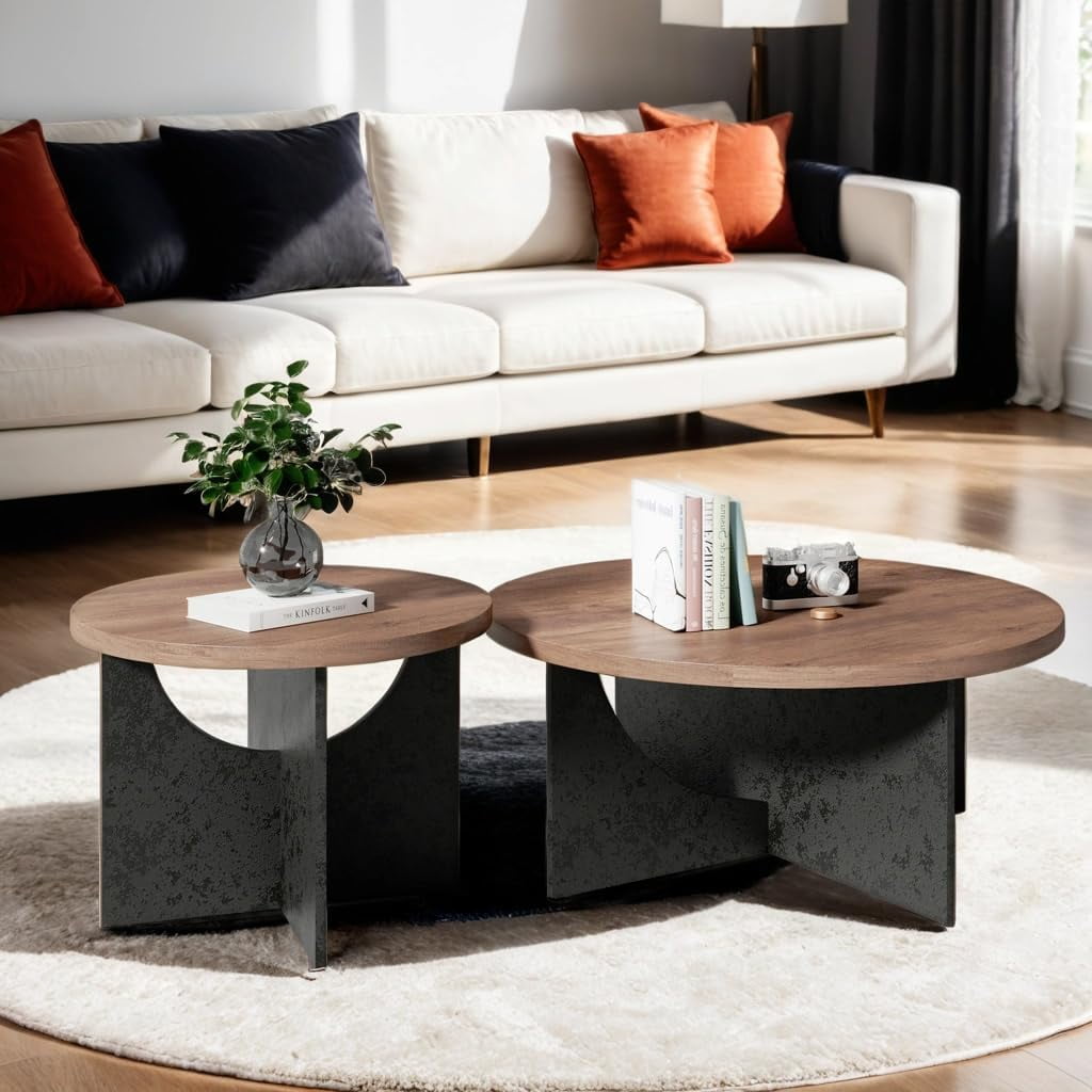 35 Inch Round Coffee Table, Rustic Brown Circle Coffee Table, Retro ...