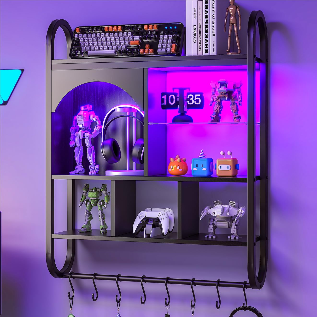 35 Inch Wall Mounted Gaming Shelf LED Illuminated Floating Rack with ...