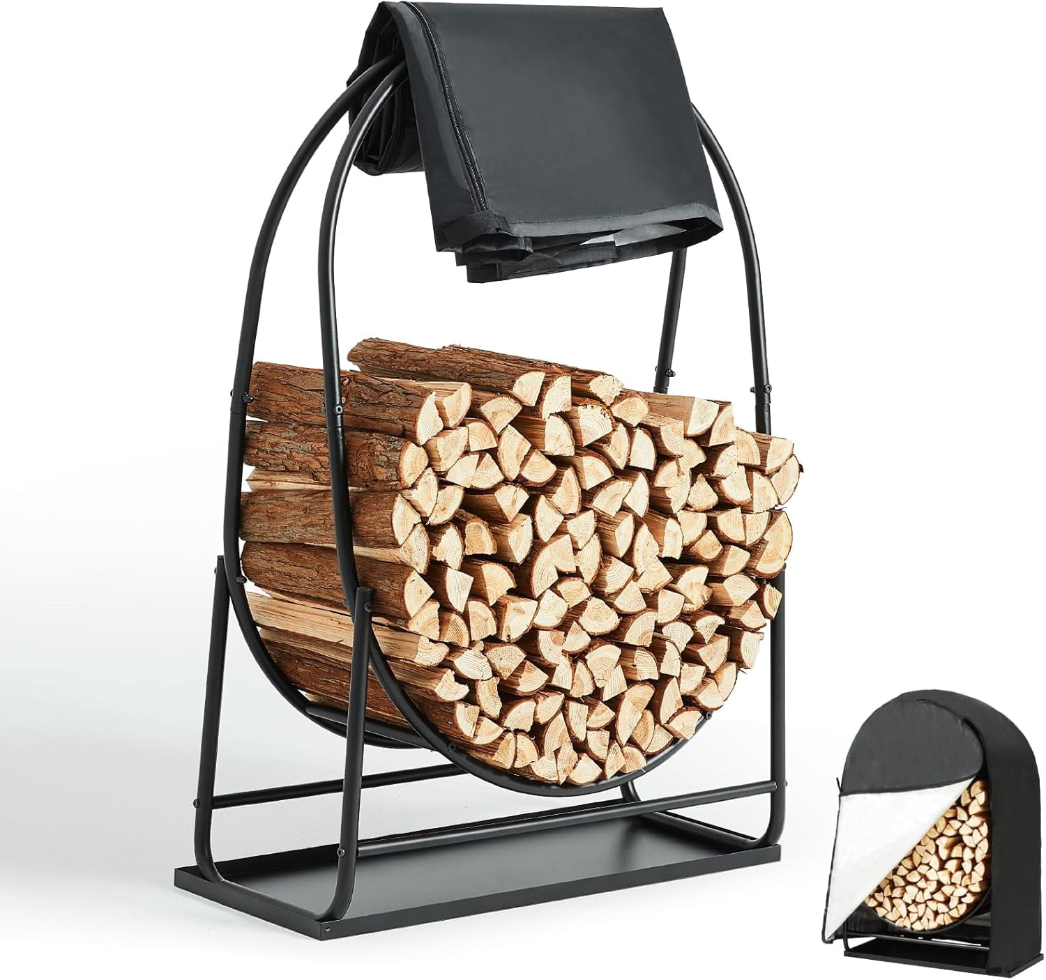 35 Inches Firewood Log Rack Hoop with Cover & Tray, Heavy Duty Solid ...