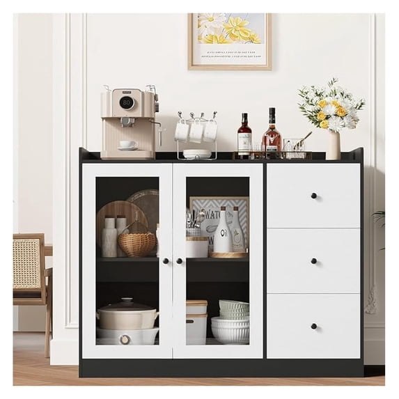 35 in Kitchen Hutch Storage Cabinet, Coffee Bar Cabinet with 3 Drawers ...