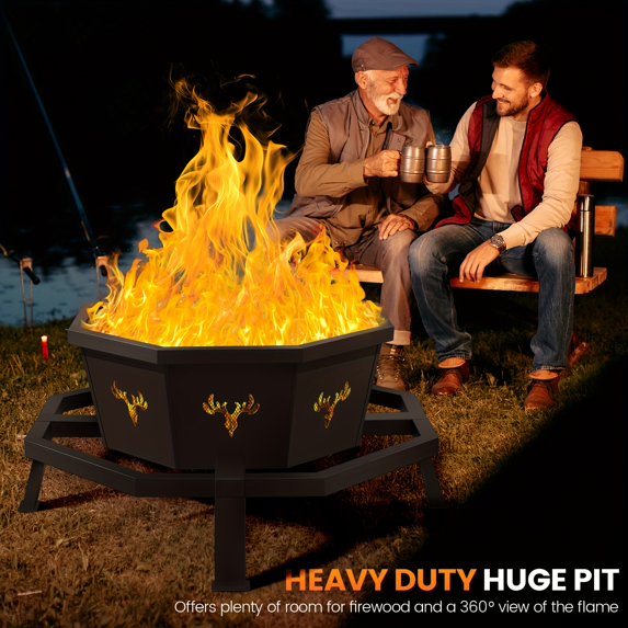 35" Large Octagonal Wood-Burning Fire Pit Table with Metal Lid & Grate ...