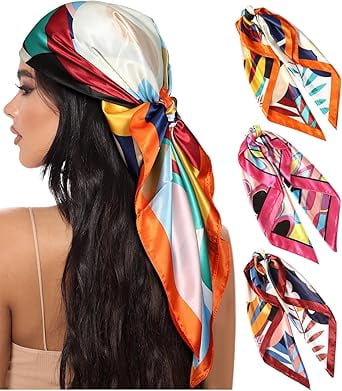35” Large Square Satin Head Scarf - 3Pcs Satin Hair Scarves Silk ...