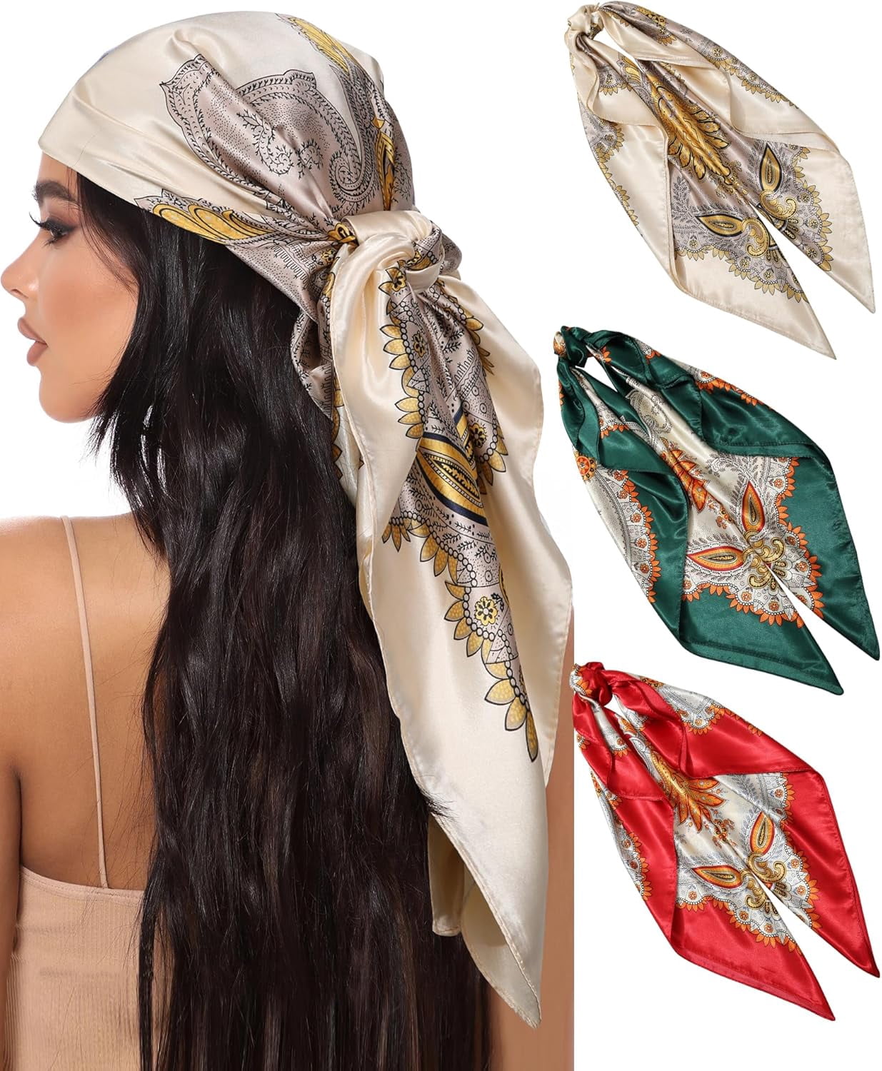 35" Large Square Satin Head Scarf - Set of 3 Satin Hair Scarves Silk ...