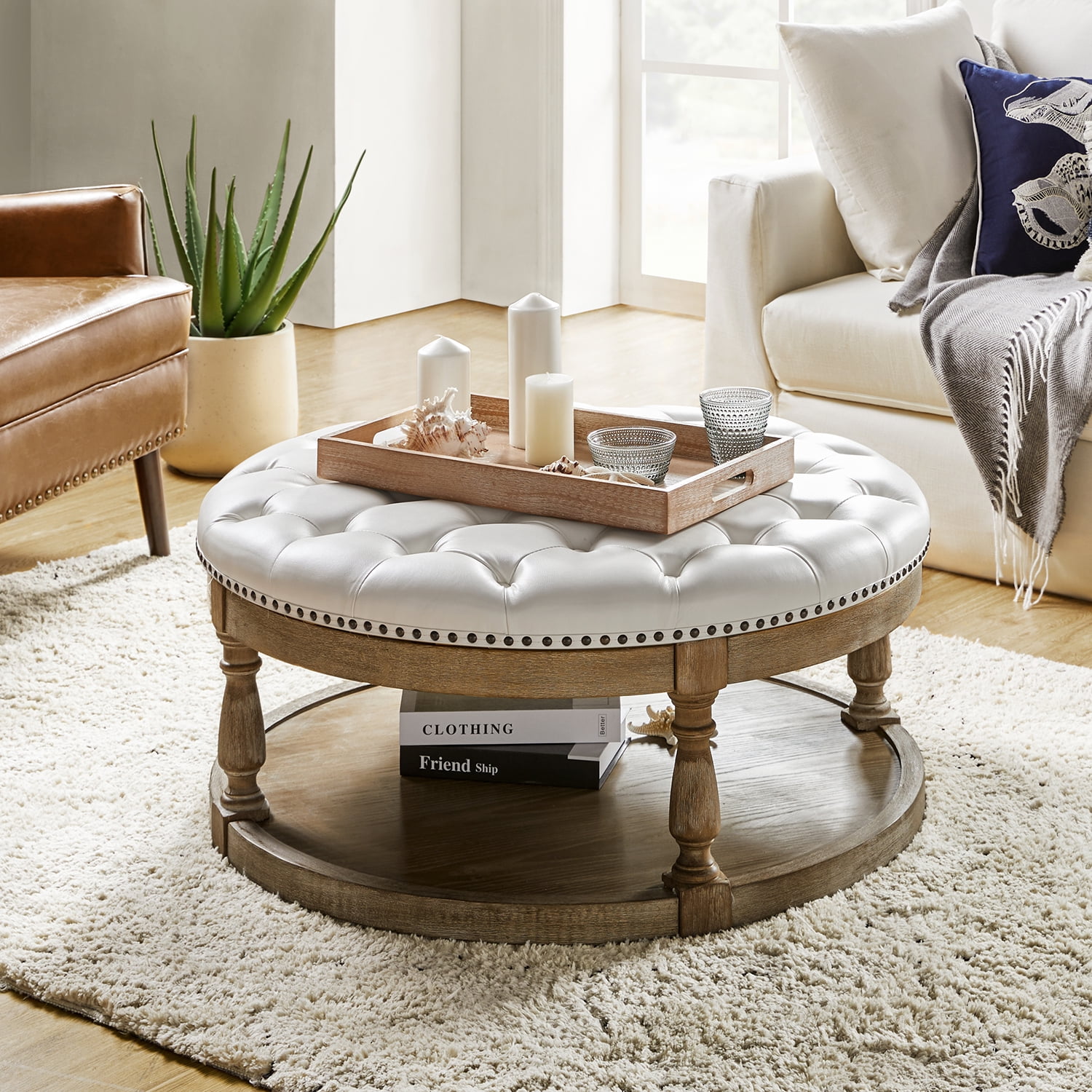 "35"" Soft Aesthetic Cushioned Large Leather Round Ottoman Storage ...