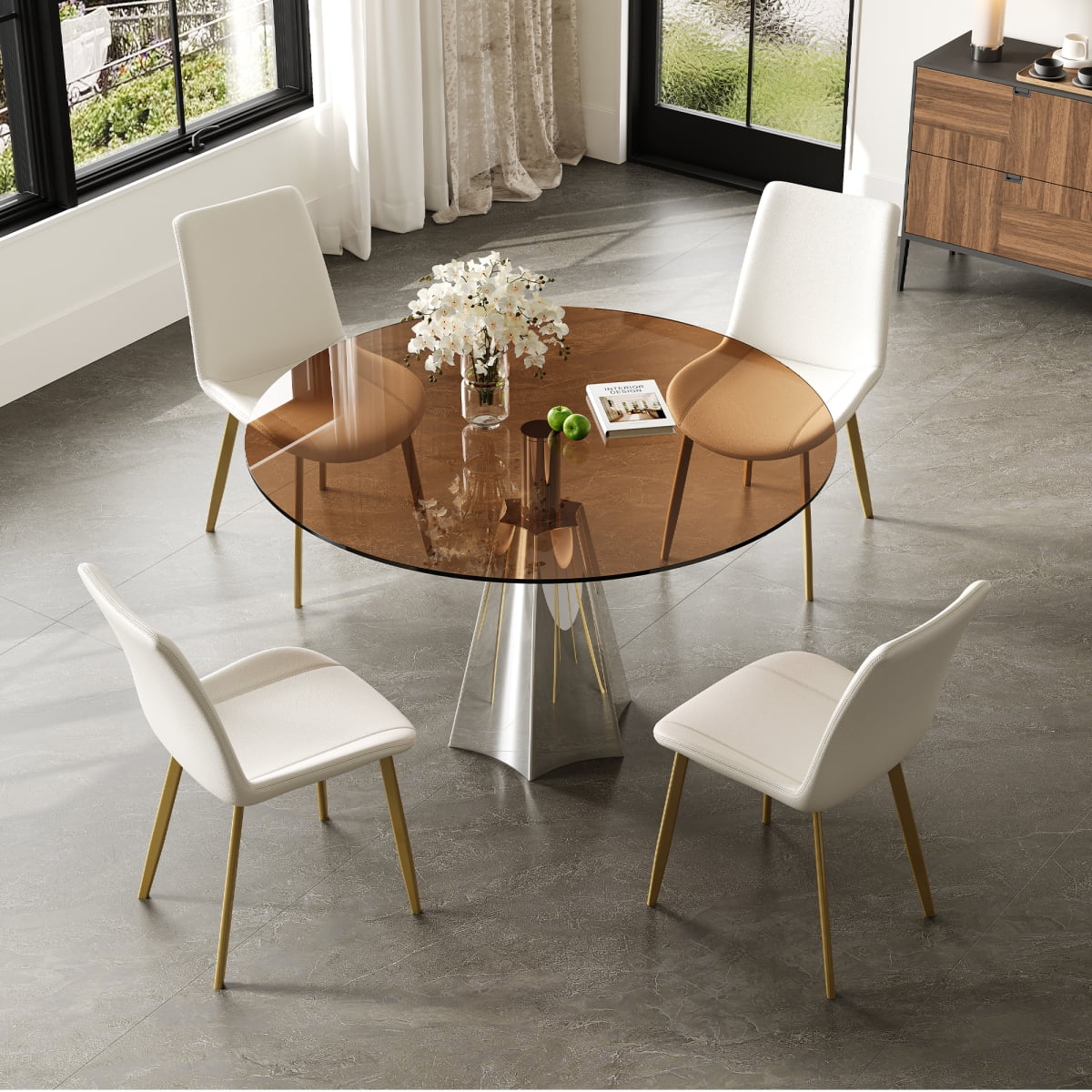 35" Mid-Century Modern Round Dining Table - Black Tempered Glass Top ...