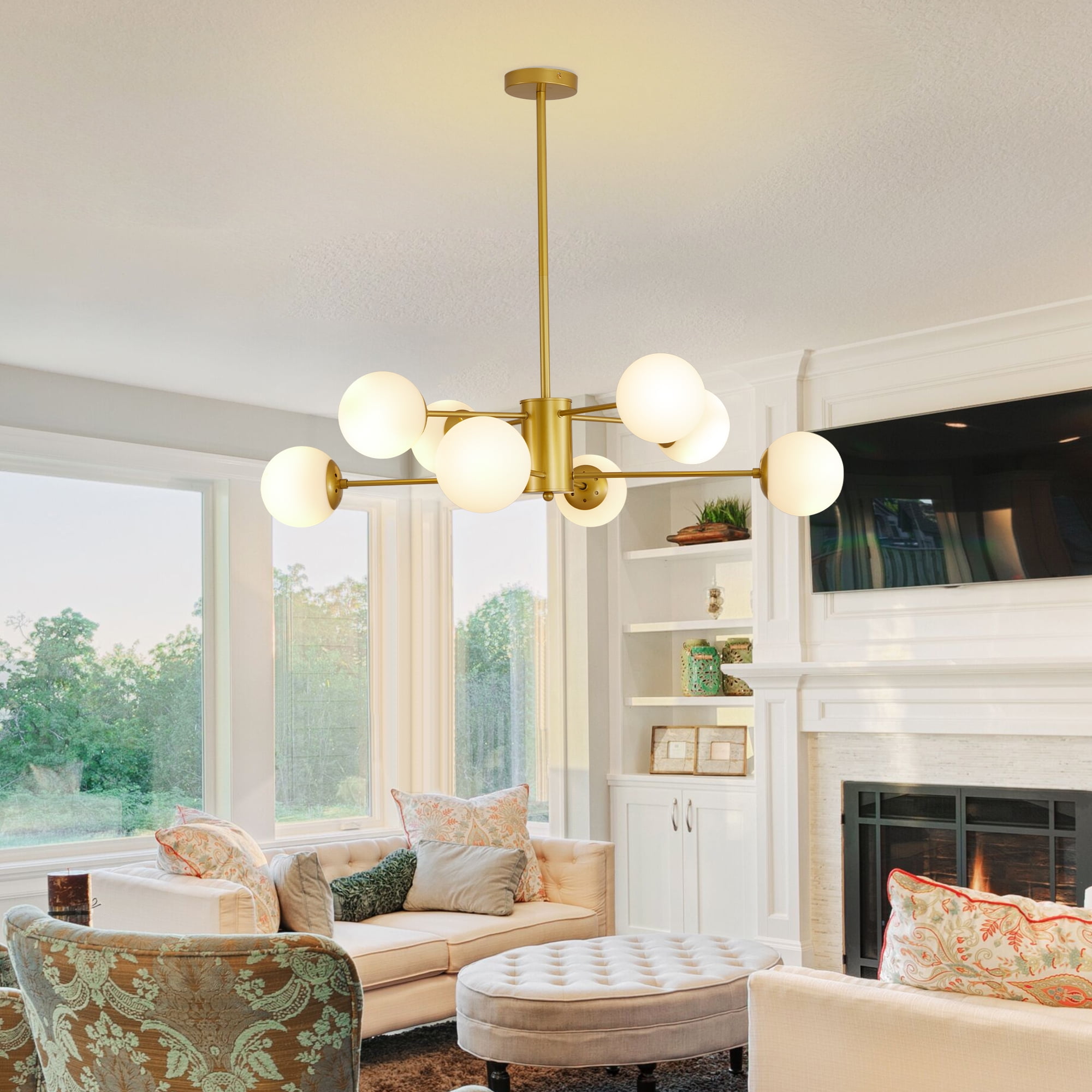 35" Modern 8-Light Gold Chandelier with White Glass Globe Shades, Mid ...