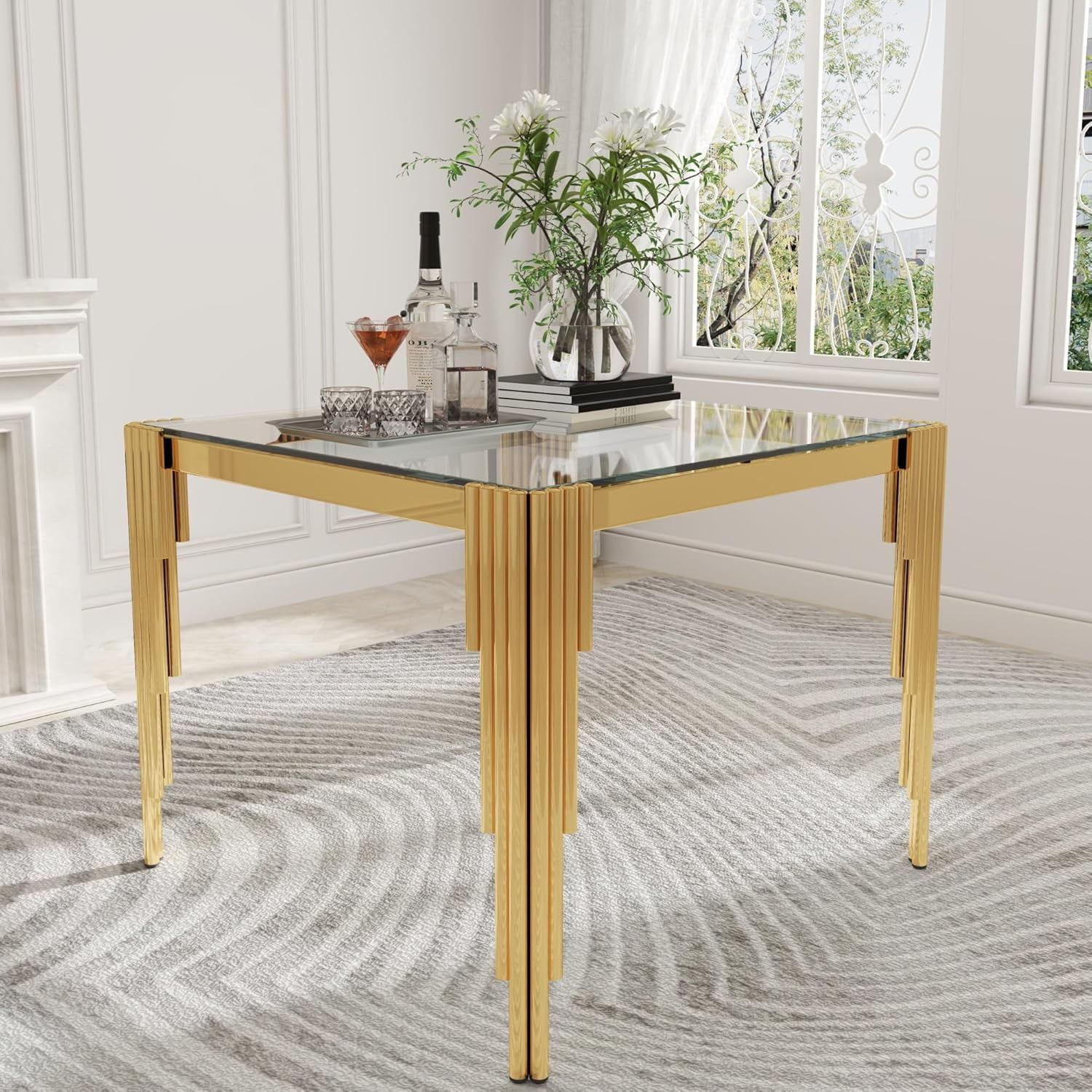 35'' Modern Square Glass Dining Table for 4 People,Tempered Glass Top ...